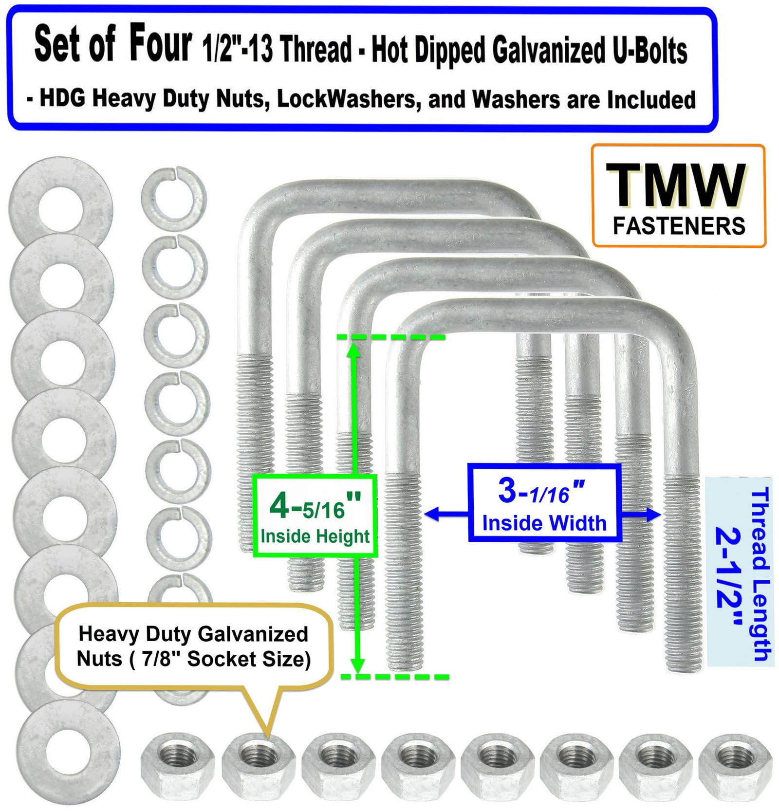 TMW (4) Hot Dipped Galv Square 1/2" Dia. U-Bolts x 3-1/16" Inside Width x 4-5/16" Inside Height & HD Washers, Lock Washers & Nuts for Boat & Utility Trailers Fits Down Over 3" Wide Metal