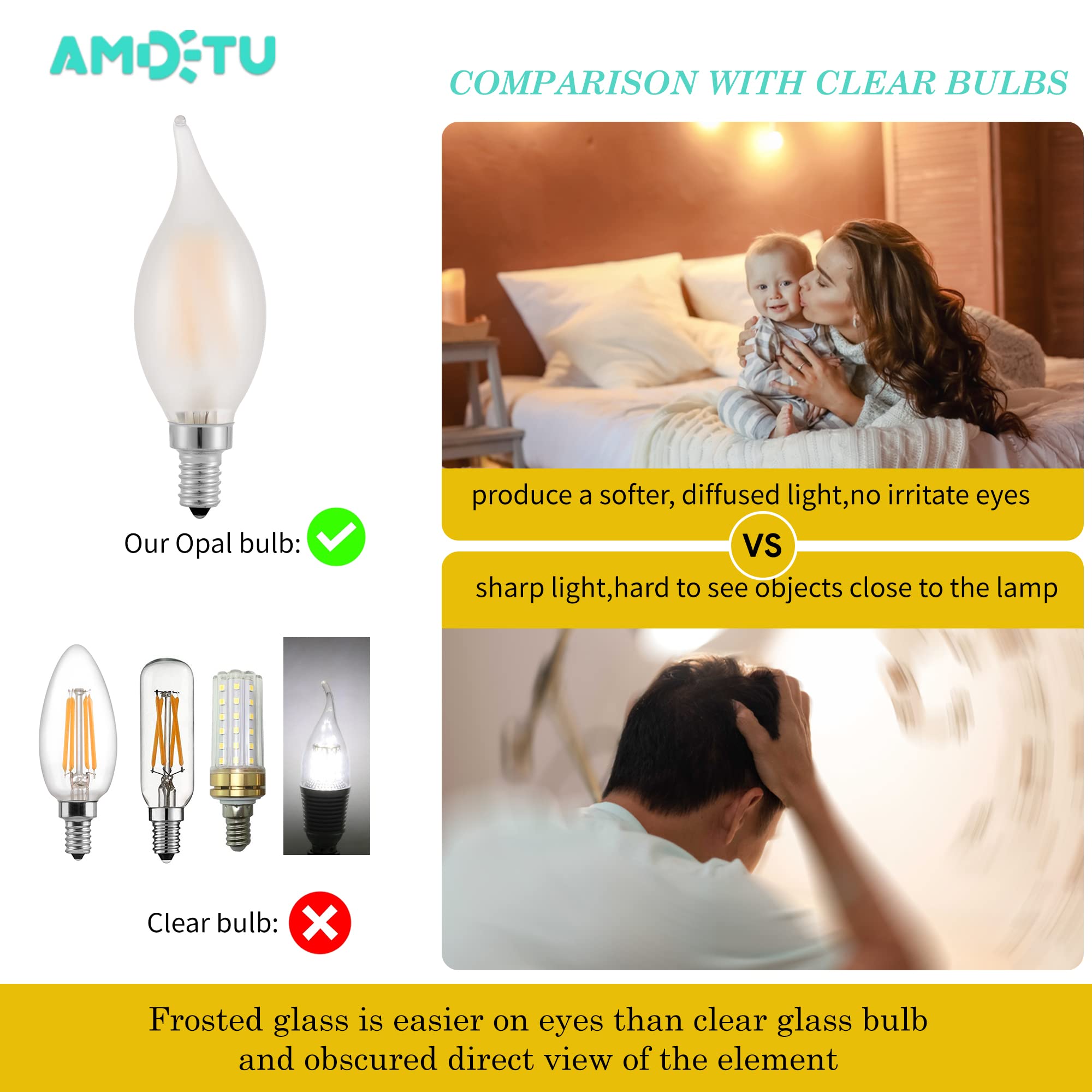 AMDTU E12 Type C 40 Watt Equivalent 2700k Frosted LED Bulb Candelabra Small Base Candle Dimmable Chandelier Light Ideal for Dining Rooms Living Rooms and bedrooms Long Lasting Light for Cozy Settings