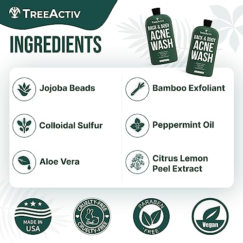 TreeActiv Acne Exfoliating Body Wash, 8oz, Foam Cleanser for All Skin Types, Sulfur, Aloe Vera, Jojoba Beads