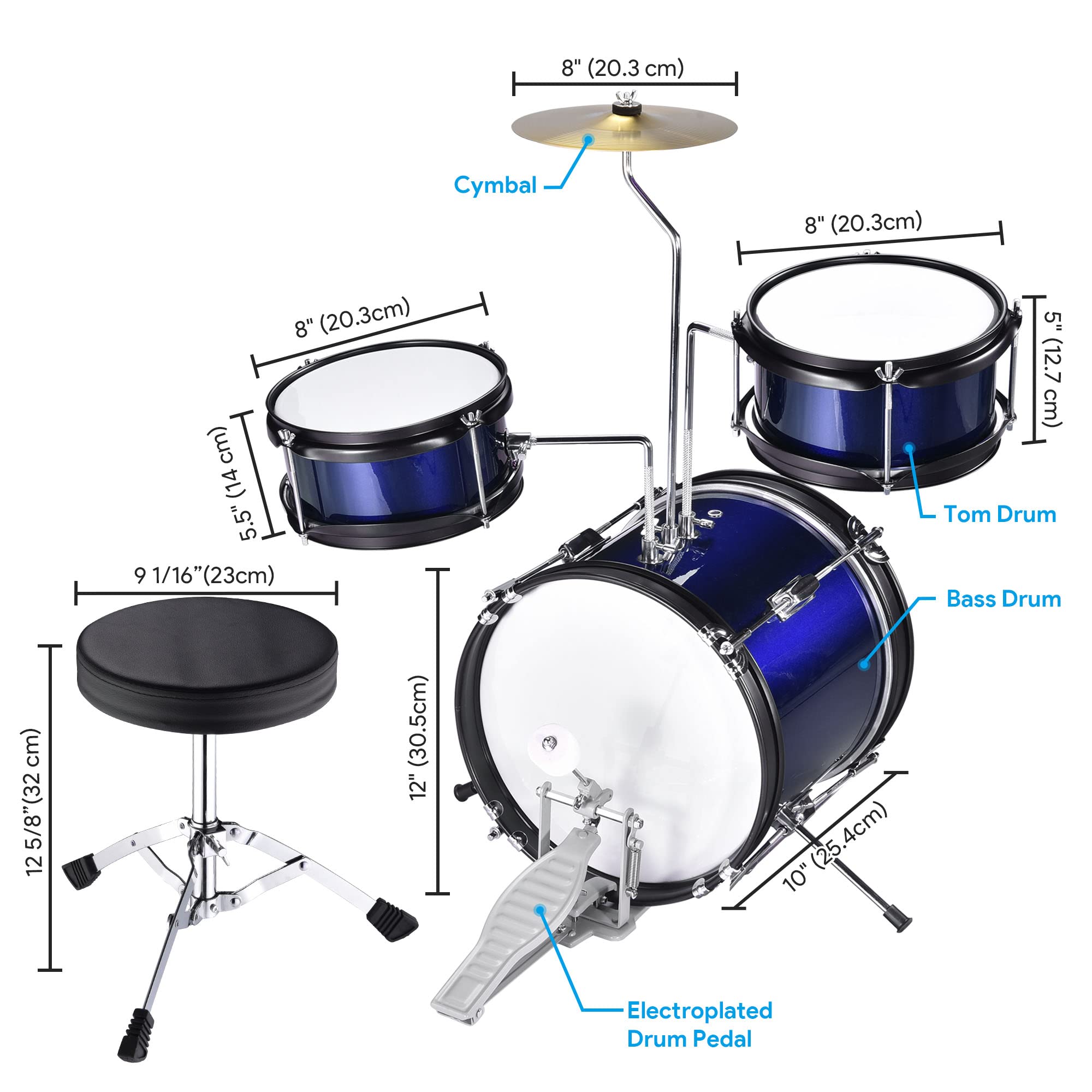 AW 12" 3 Piece Drum Set Kit with Bass Drum Cymbal 4Pcs Drumstick Pedal Throne Stool Age 8-12 Kids Beginner Drum Set