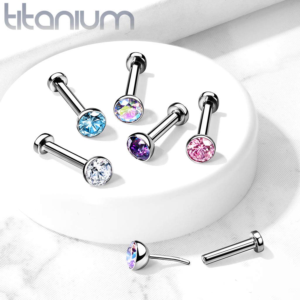 Amelia Fashion Implant Grade Titanium Threadless Push in Labret, Flat Back Studs, CZ Bezel Set Ball Top for Cartilage, Monroe, Nose and More (Vitrail Medium - 16GA (1.2mm) - L.5/16" (8mm) - Ball: 3mm)