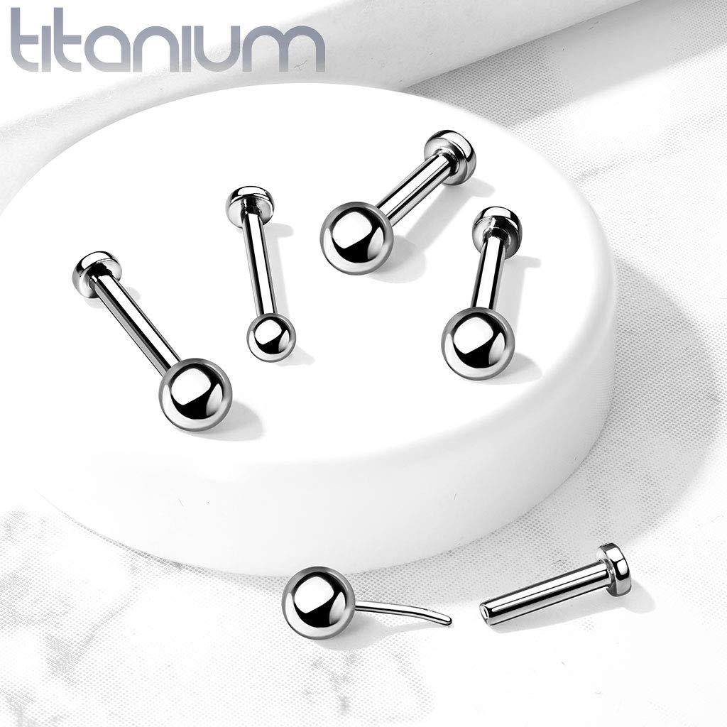 Amelia Fashion Threadless Push In Ball Top Labret Flat Back Stud Implant Grade Titanium for Nose, Cartilage, Monroe, and More (Choose Size) (18GA (1mm) | L.1/4" (6mm) | Ball: 3mm)