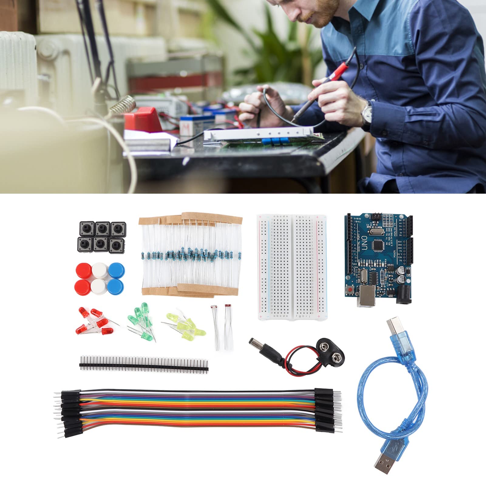 Basic Starter Module Kit, 3 Color LED Light USB Cable Compact Male to Male Jumper Wire Electronic Starter for Laboratories