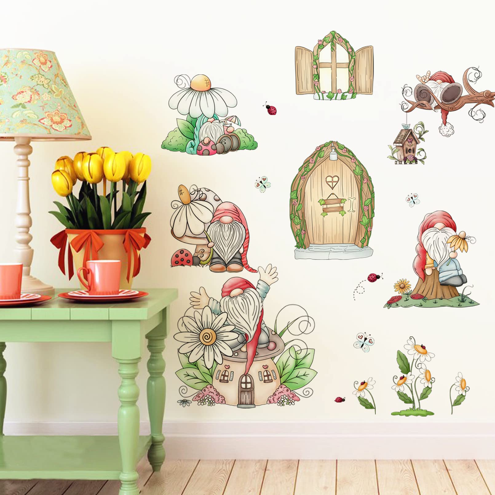 Mfault Spring Summer Garden Gnomes Daisy Flower Wall Decal Sticker, Farmhouse Mushroom Bird Nursery Decoration Kids Bedroom Living Room Art, Neutral Ladybug Butterfly Tree Branch Home Kitchen Decor