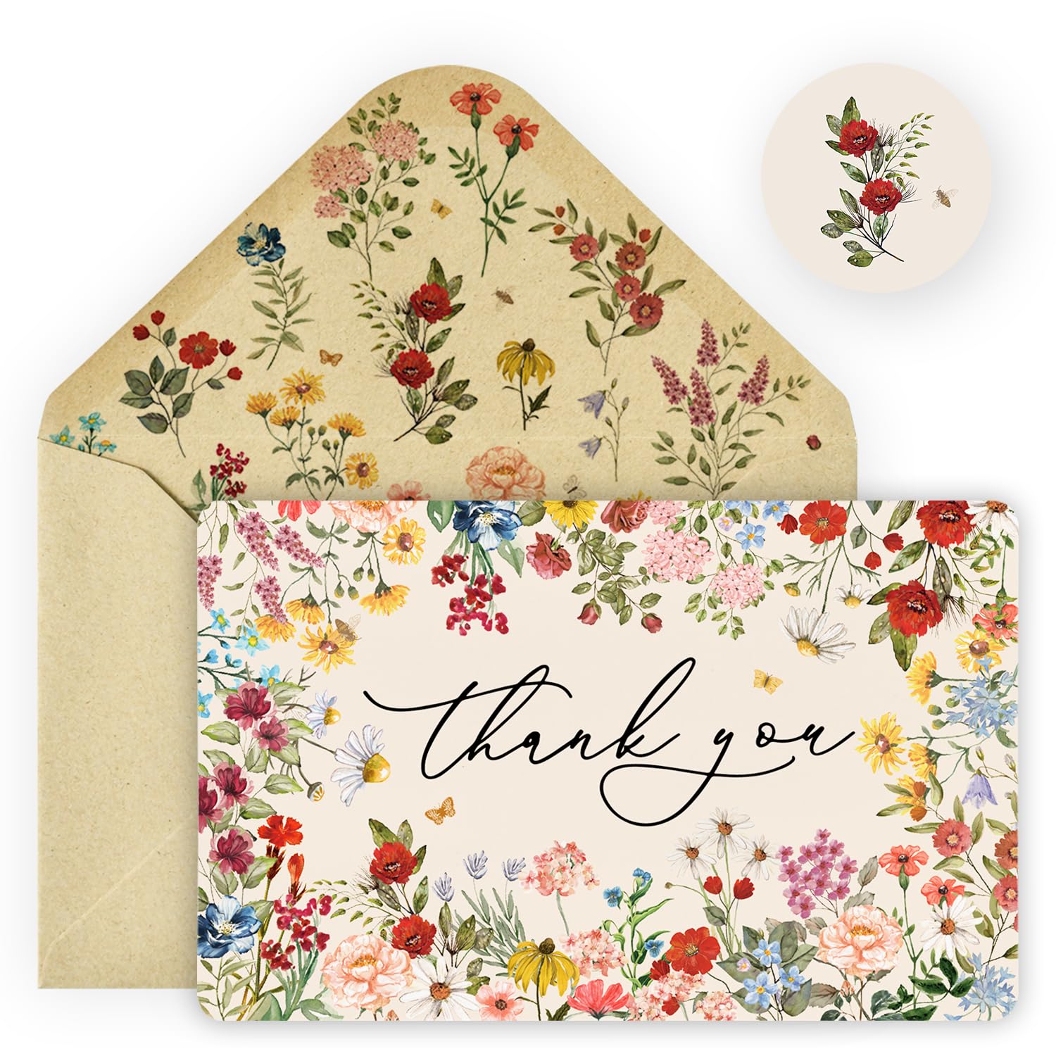 Artoid Mode 24 Pack Vintage Wildflower Thank You Cards Flower Greeting Cards Gift With Envelope Sticker Blank Note Cards for Birthday Wedding Baby Shower Bridal Shower, 4 x 6 Inch