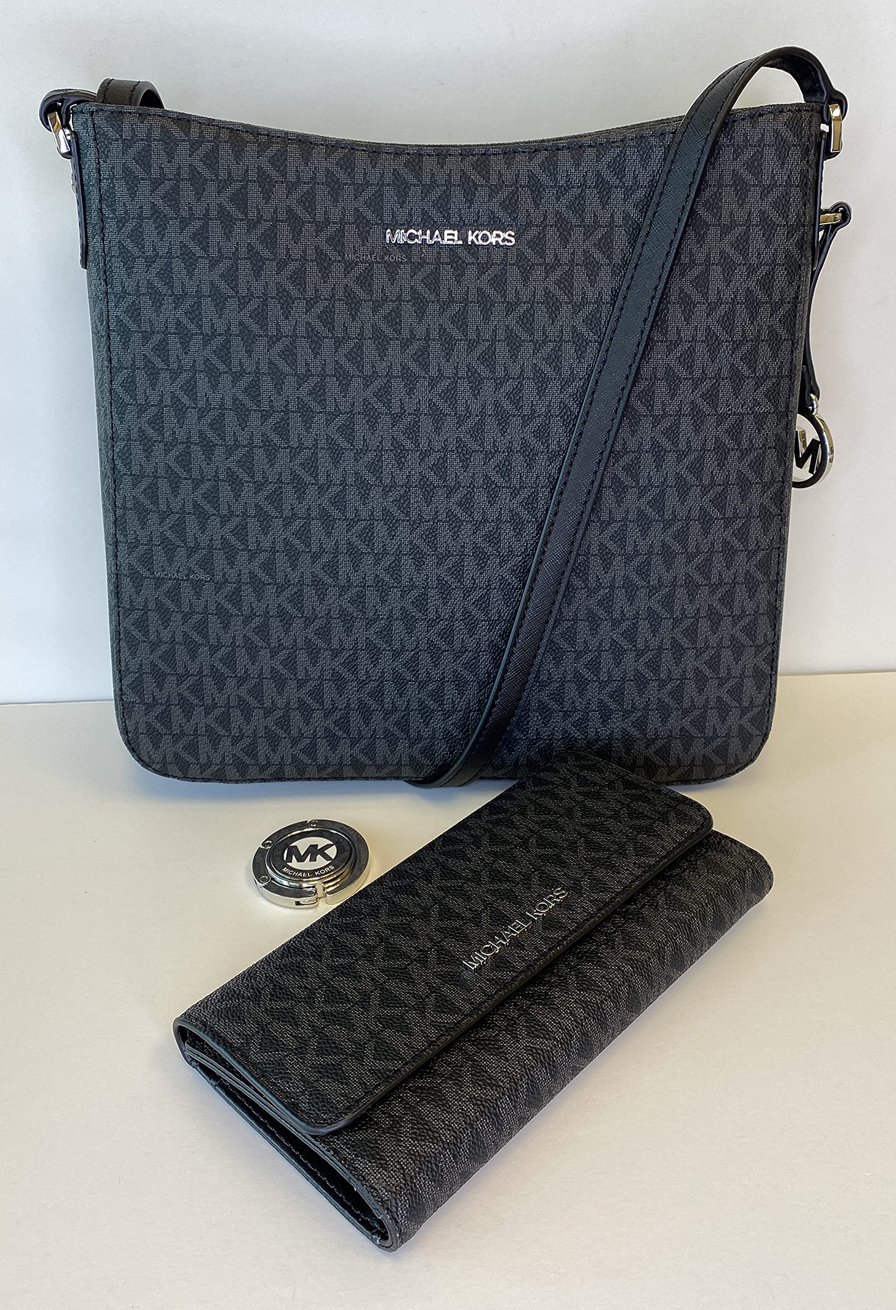 Michael Kors MICHAEL Michael Kors Jet Set Travel Large Messenger Crossbody bundle with Trifold Wallet Purse Hook (Signature MK Vanilla)