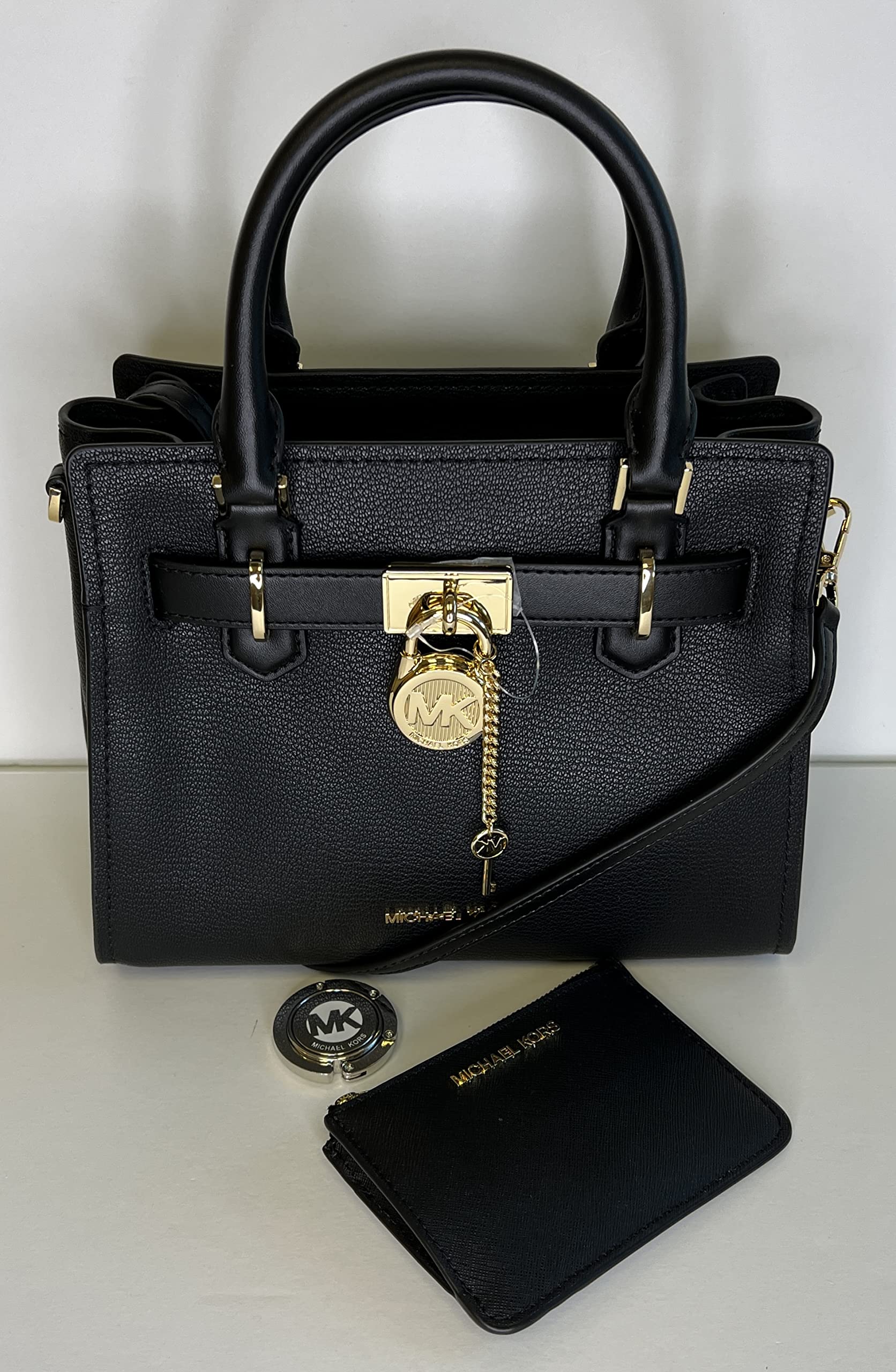 Michael Kors MICHAEL Michael Kors Hamilton SM Satchel bundled with SM TZ Coinpouch Purse Hook (Black)