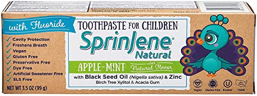 SprinJene Kids Toothpaste with Fluoride for Cavity Protection & Fresh Breath - Natural SLS Free Toddler Toothpaste for Childrens 2 Years & Up/Preservative & Toxic Free (1 Pack) Apple Mint
