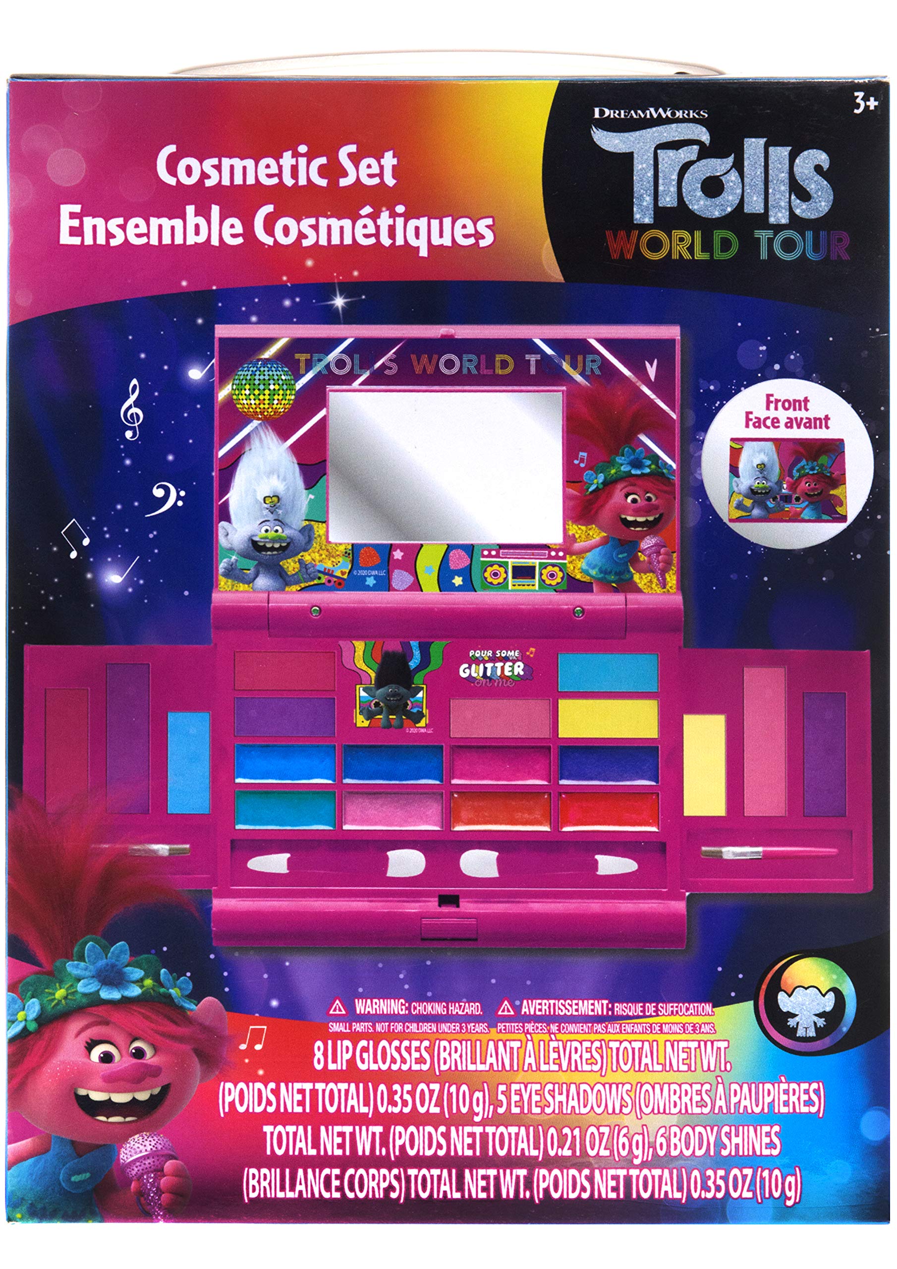Townley Girl Super Sparkly Lip Compact Cosmetic Set for Girls, 22 Lip glosses, 4 blushes in Mirrored Case (Trolls)