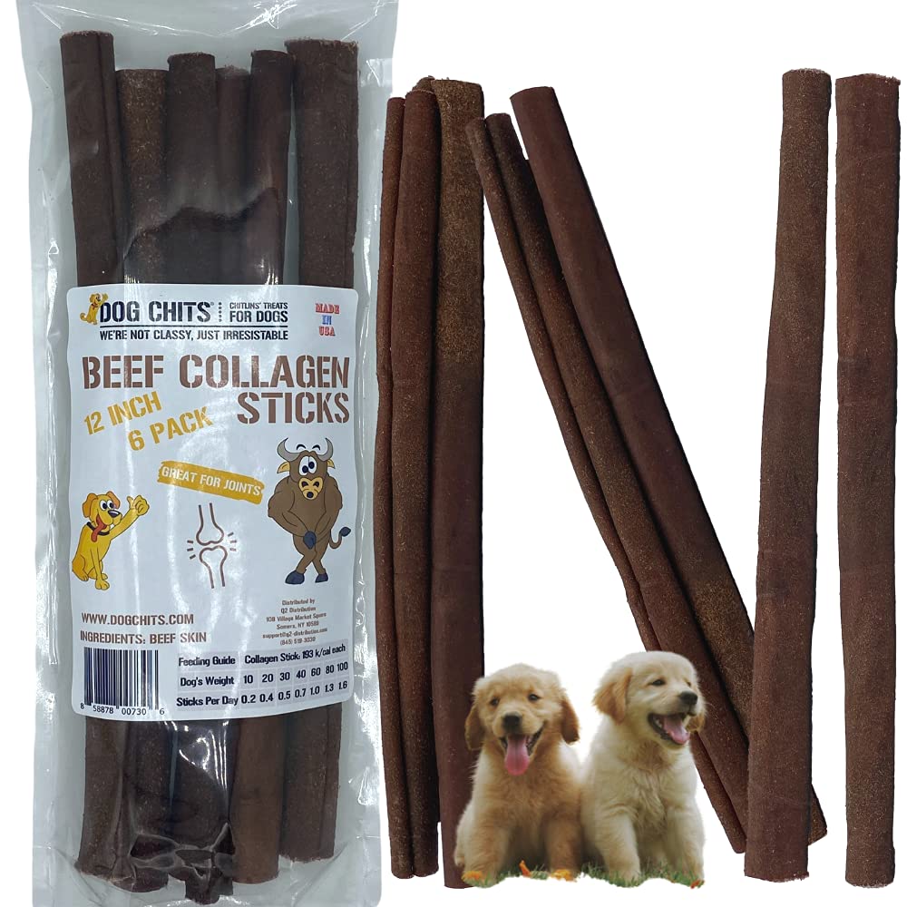 Dog Chits Beef Collagen Sticks for Dogs and Puppies | 12 Inch | Naturally Loaded w/Collagen | Amazing for Joints and Skin | Odor Free | All Natural | Long Lasting Chew | Grass Fed Beef | 6 Pack