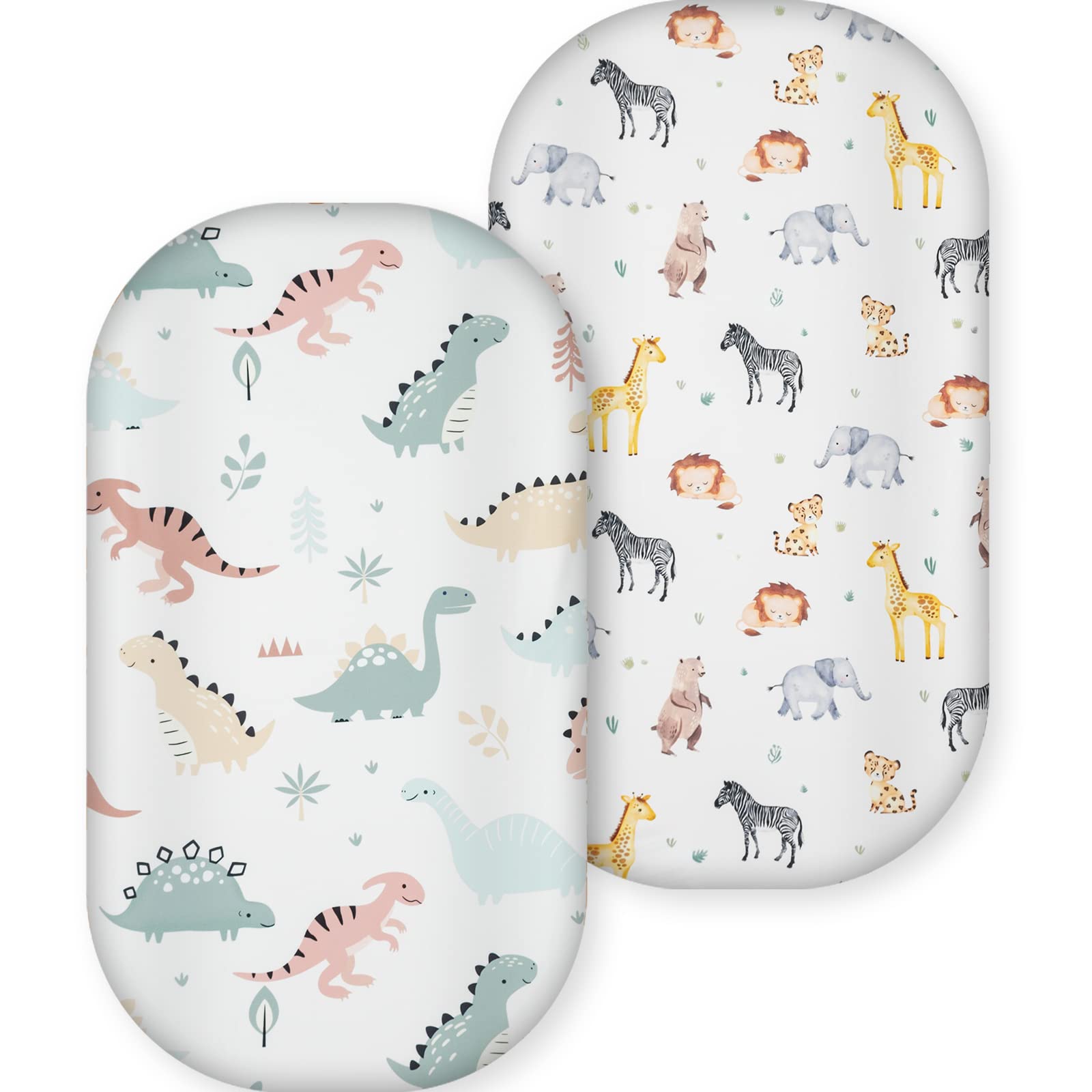 Bassinet Sheets for Baby Boy Girl, Ultra Stretchy Snug Fitted, Bassinet Sheet Set Mattress Protector, 2 Pack, Dinosaur&Animal