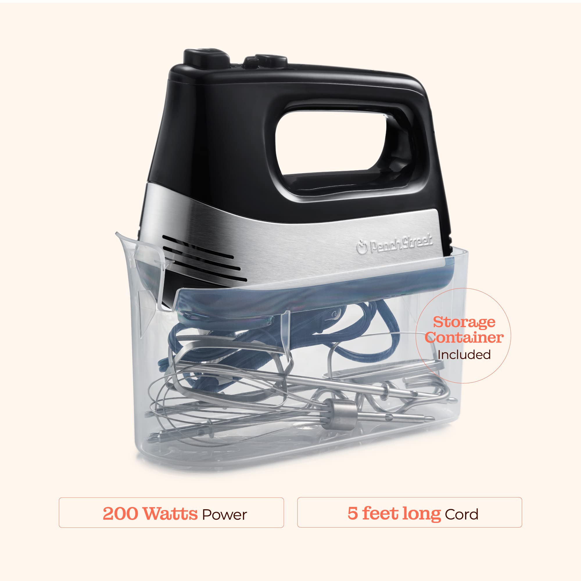 Powerful Electric Kitchen Hand Mixer, 200 Watts, 5 Speed Food Handheld Mixer, with Turbo Button, Dough, Whisk and Beater Attachments, and Accessory Bin, for Dough, Eggs, Batter, (White)