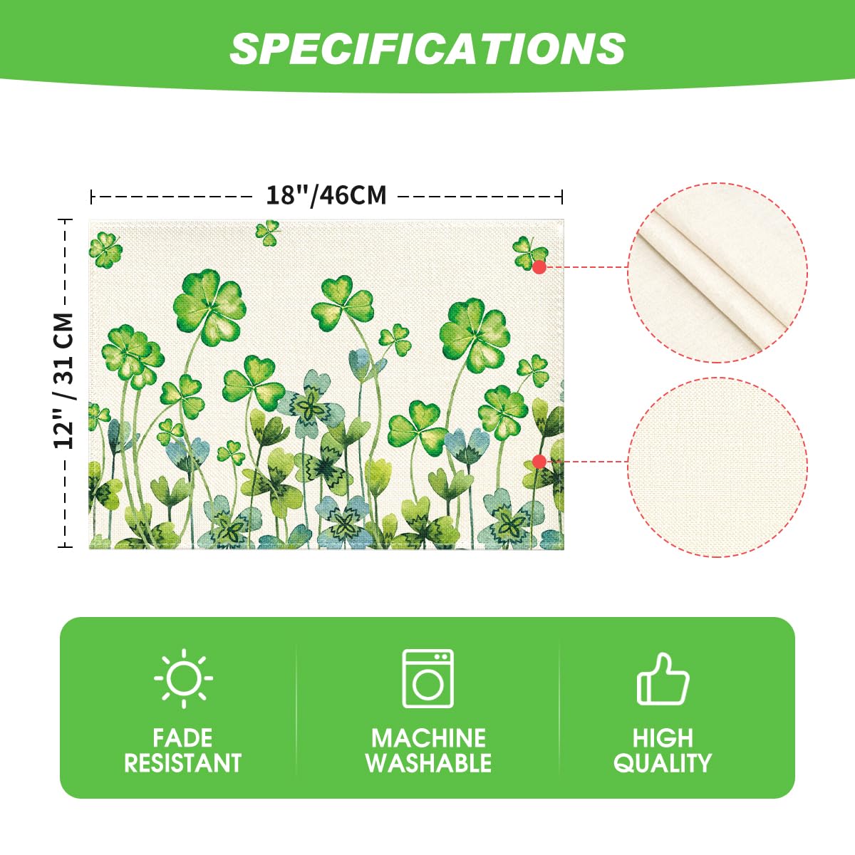 Artoid Mode Clover Shamrock St. Patrick's Day Placemats Set of 4, 12x18 Inch Seasonal Holiday Table Mats for Party Kitchen Dining Decoration
