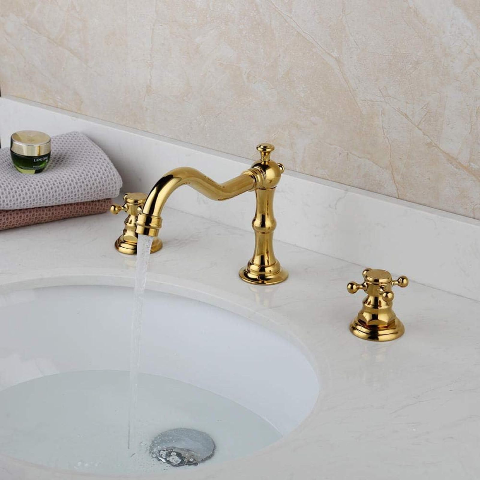 Bathroom Kitchen Basin Mixer Tap Sink Faucet 2 Handles 3Pcs Gold Bathroom Basin Faucet Bathtub Tap-Golden Plated ,Faucet