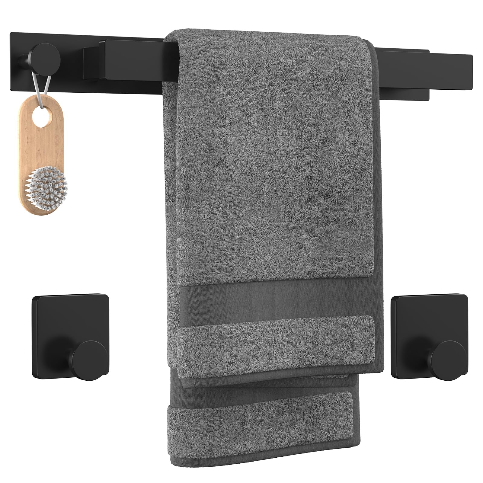 Bathroom Towel Rack 304 Stainless Steel Towel Holder with 2 Piece Hooks, Wall Mounted Towel Hanger fit Bathroom Accessory Kit - Drilling Required(Black, 31.5 INches)