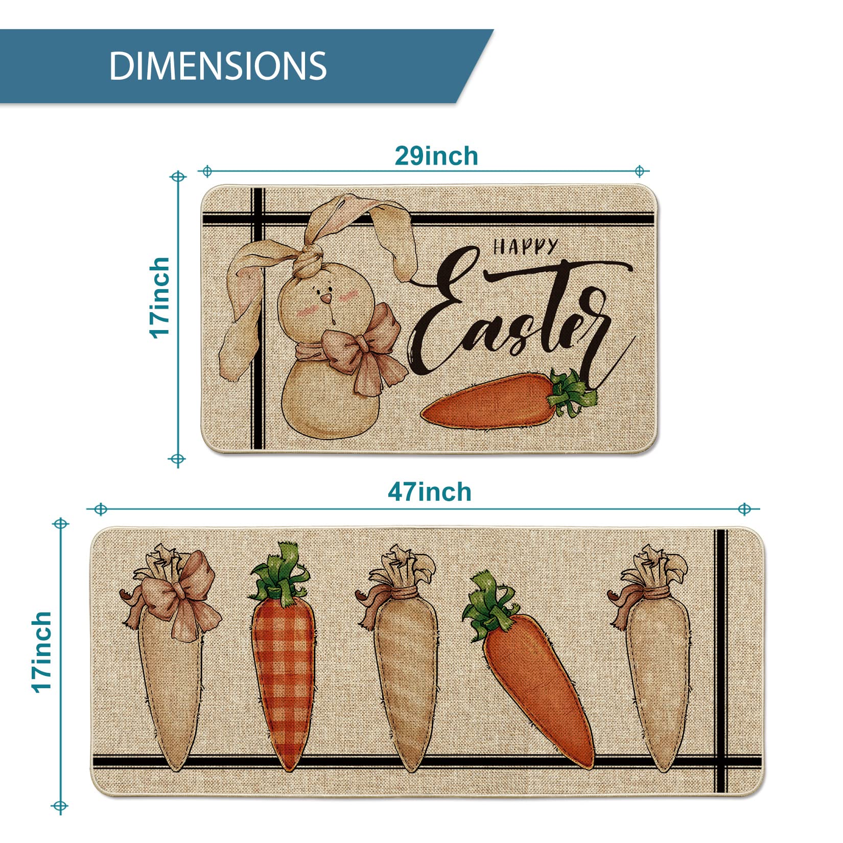 Artoid Mode French Stripes Bunny Doll Carrots Easter Kitchen Mats Set of 2, Home Decor Low-Profile Kitchen Rugs for Floor - 17x29 and 17x47 Inch