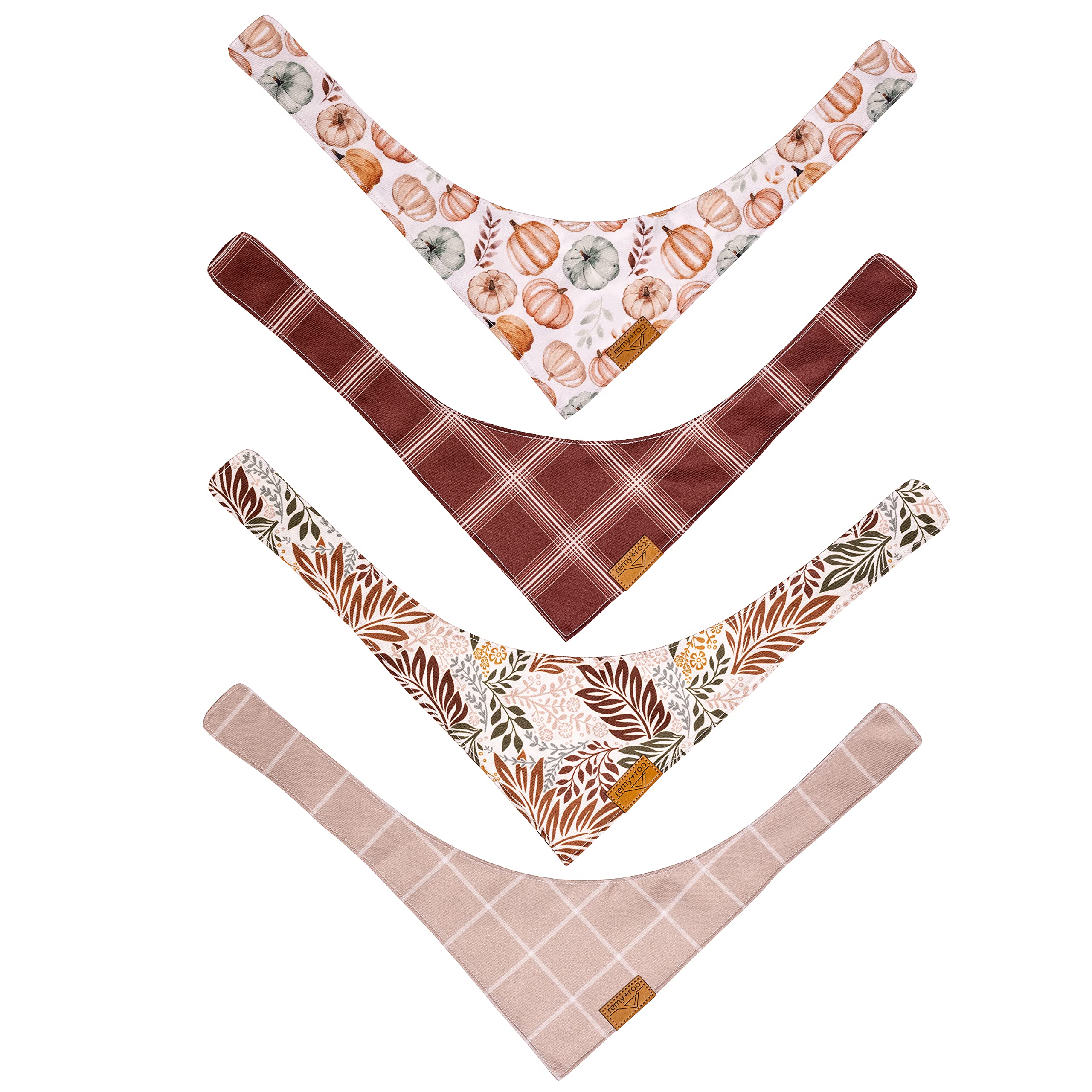 Remy+Roo Fall Dog Bandanas 4 Pack - Amber Set, Premium Durable Polyester Fabric, Patented Curved Design, Adjustable Fit for Small, Large, and XL Dogs, Trendy Patterns, Dog Fall Bandanas (Small)