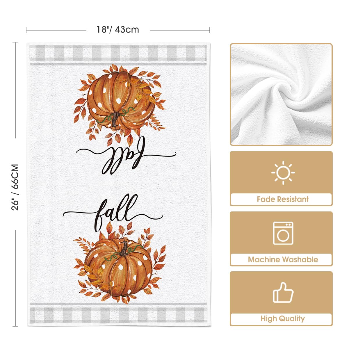 Artoid Mode Orange Buffalo Plaid Polka Dot Pumpkin Fall Kitchen Towels Dish Towels, 18x26 Inch Farmhouse Eucalyptus Leaves Decoration Hand Towels Set of 4
