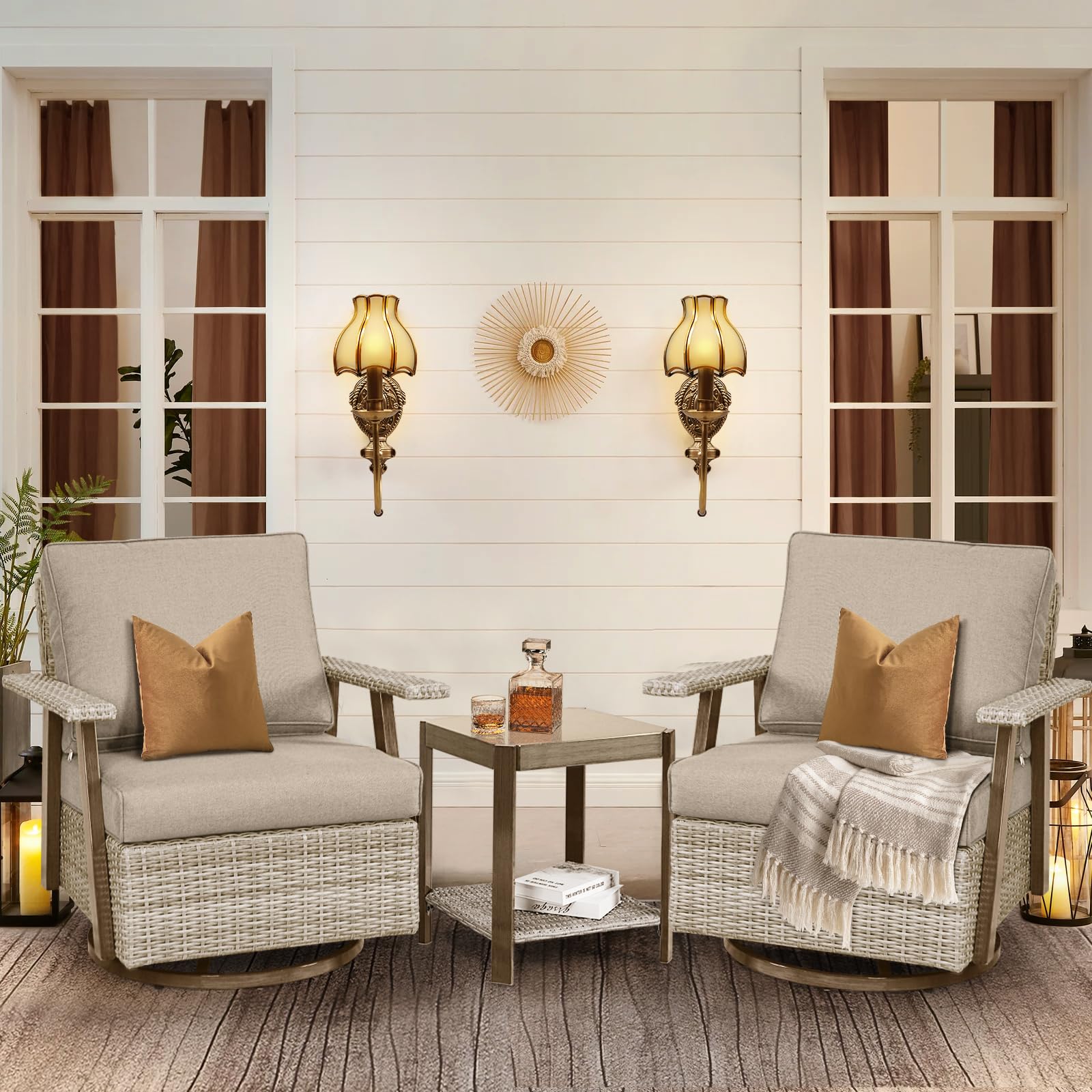 Auzfy 3 Pieces Outdoor 360° Swivel Rocker Patio Chairs Set, Outdoor Swivel Rocking Glider Chairs Set with Side Table, PE Wicker Rattan Outdoor Patio Swivel Rocking Furniture Set