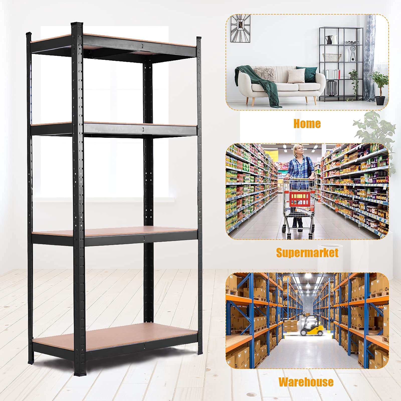 Tangkula Metal Storage Shelves, 63 inches Heavy Duty Steel Frame, Home Garage Multi-Use Storage Rack with Adjustable Shelves, 4-Tier Garage Shelf (32" L×16" W ×63" H) (1, Black)