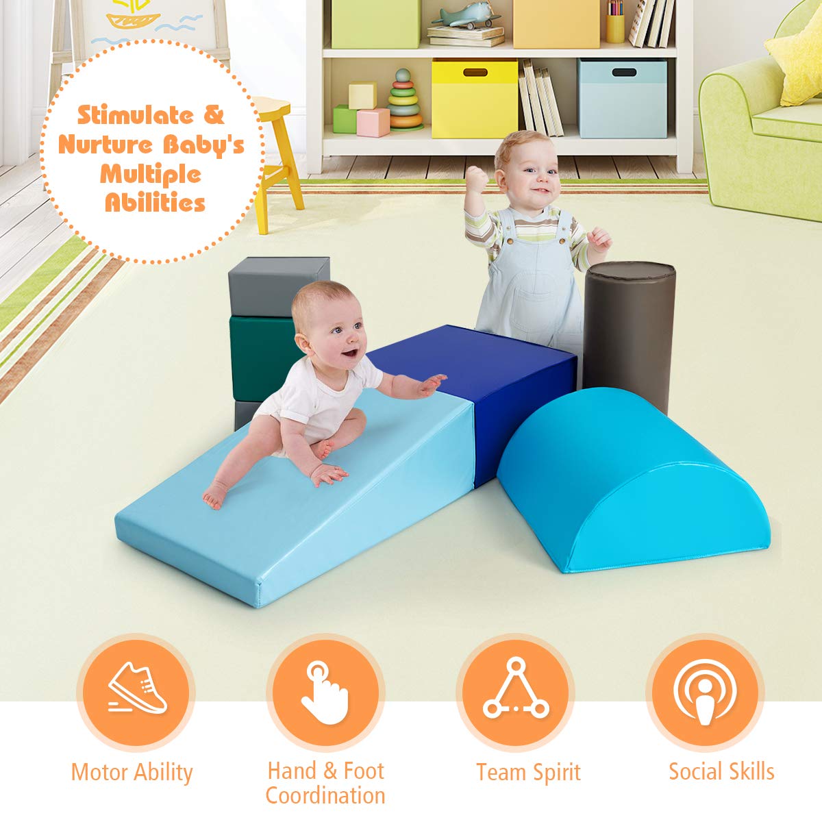 Costzon 6-Piece Kids Crawl and Climb Foam Play Set, Colorful Baby’s Foam Blocks to Crawling, Climbing, Walking, Children’s Educational Software Composite Toy for Toddlers, Preschoolers (Contemporary)