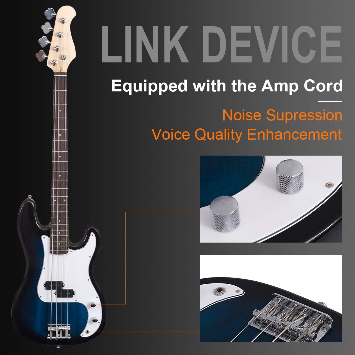 Costzon Full Size Electric 4 String Bass Guitar for Beginner Starter Complete Kit, Rose Fingerboard and Bridge, w/Two Pickups & Two Tone Control, Guitar Bag, Strap, Guitar Pick, Amp Cord (Blue Bass)