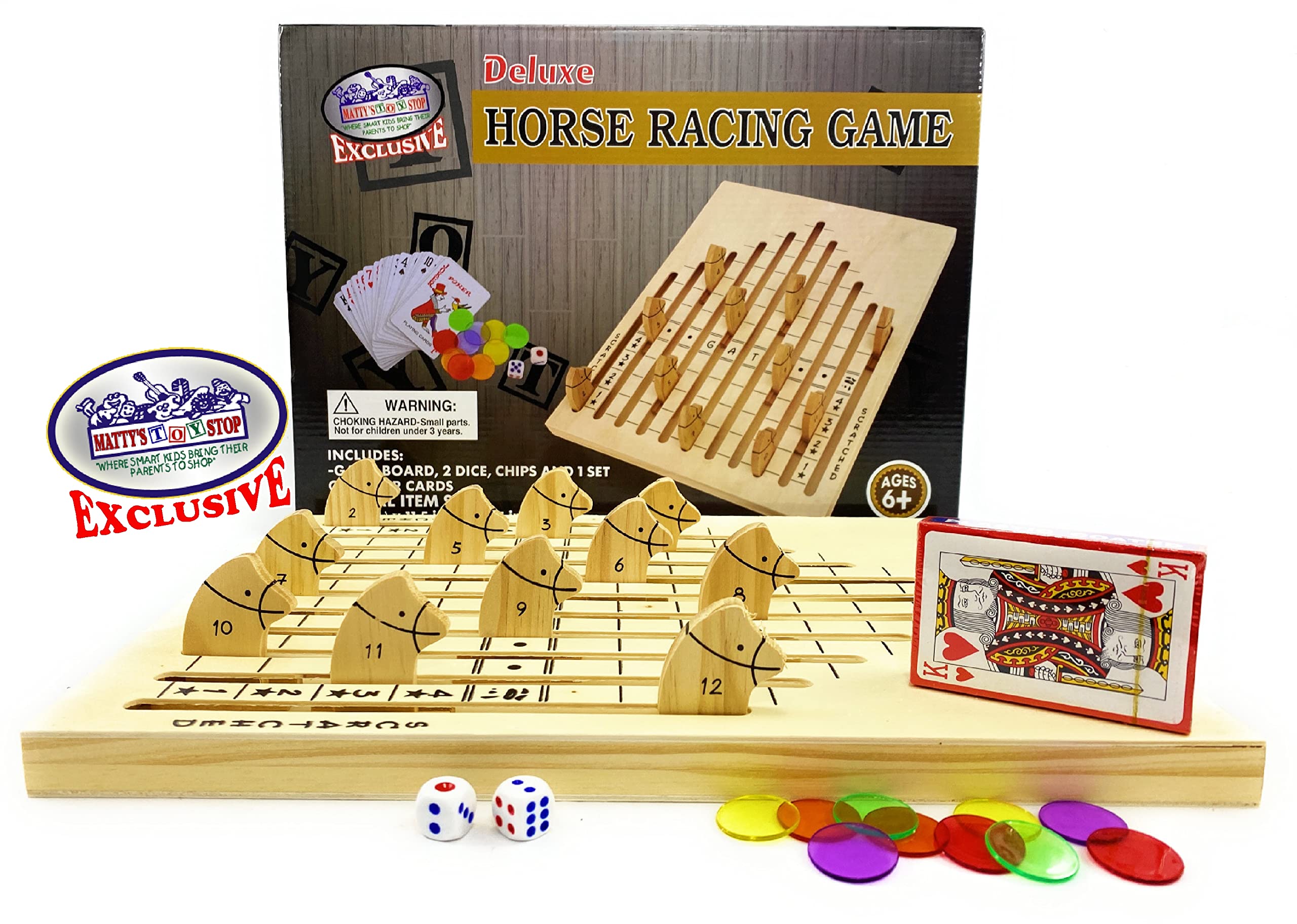 Matty's Toy Stop Deluxe Wooden Horse Racing Derby Game with Dice, Playing Cards & Chips