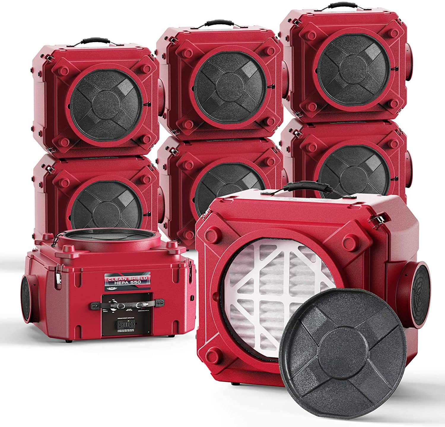 AlorAir CleanShield HEPA 550 - Heavy Duty Commercial Air Scrubber HEPA Filter System, 25' Power Cord with Lighted End and Roto-Molded Unbreakable Housing Air Cleaner, cETL Listed, Red (Pack of 8)