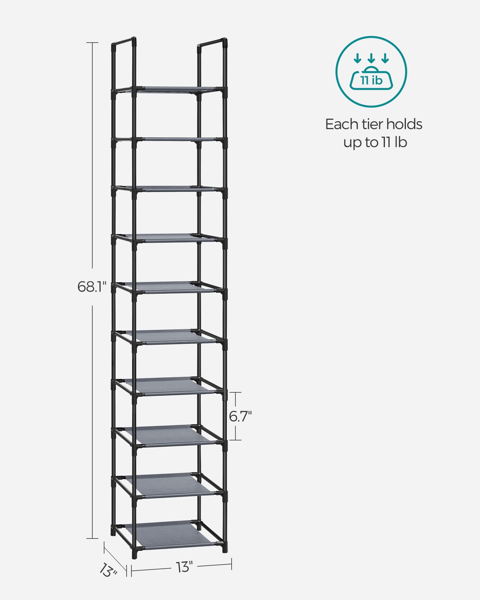 SONGMICS Shoe Rack, 10 Tier Shoe Shelf, Shoe Storage Organizer, Space-Saving, 13 x 13 x 68.1 Inches, Metal Frame, Non-Woven Fabric Shelves, for Entryway, Bedroom, Grey ULSR110G01