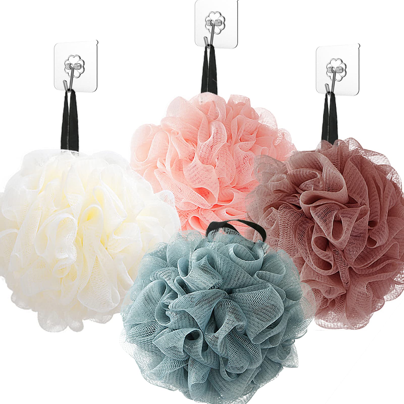 Bath Sponge with Hook, 4 Pack Shower Loofah Soft Mesh Shower Puff Body Wash Loofah Sponge Exfoliating Scrubber, Beauty Bathing Accessories