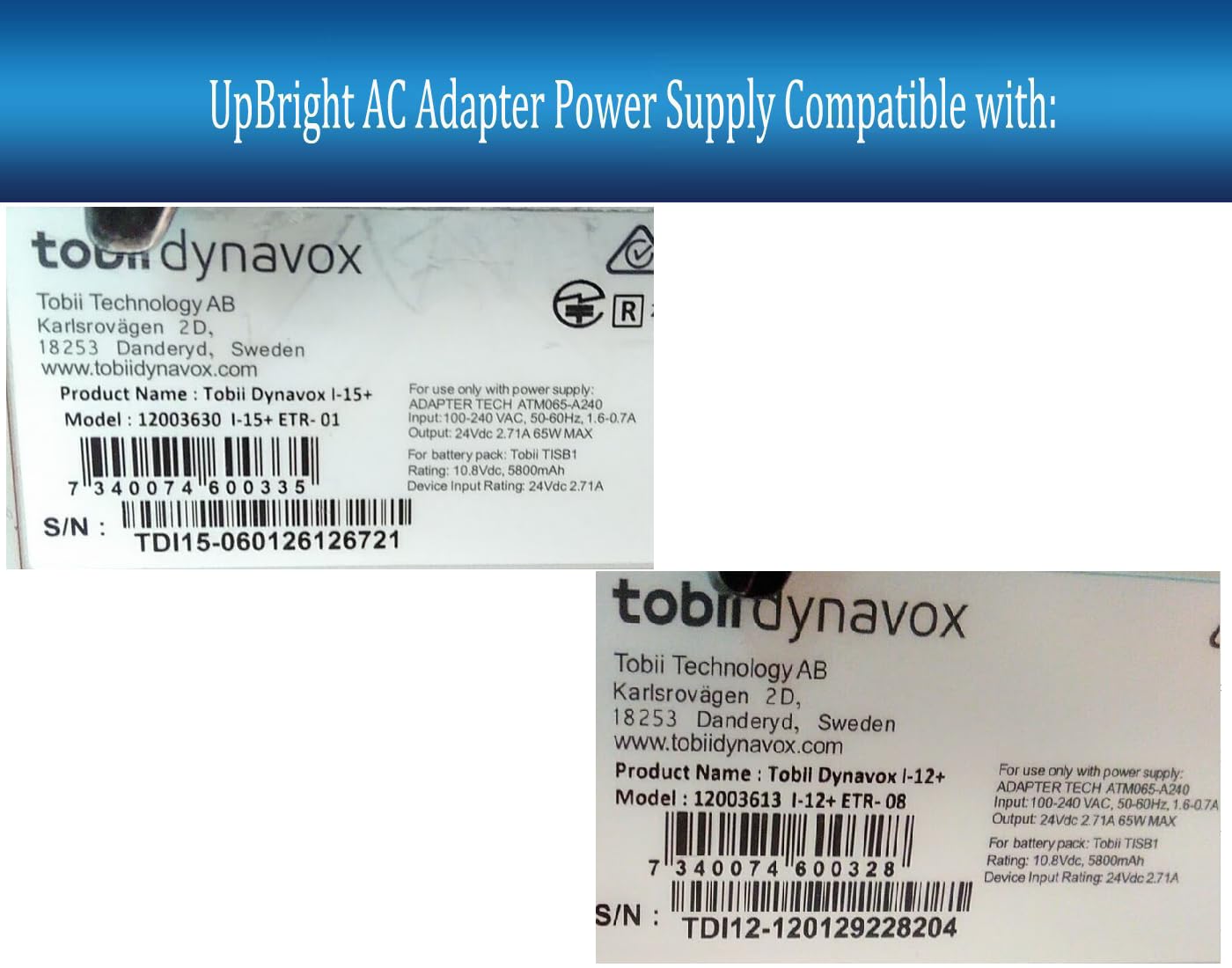 UpBright 24V AC/DC Adapter Compatible with Tobii Dynavox i-15+ i-12+ 12002017 12003630 I15 ETR01 12003613 I12 ETR-08 Eye Tracker Speech AAC Device Adp Tech ATM065-A240 24Vdc 2.71A Power Supply Charger