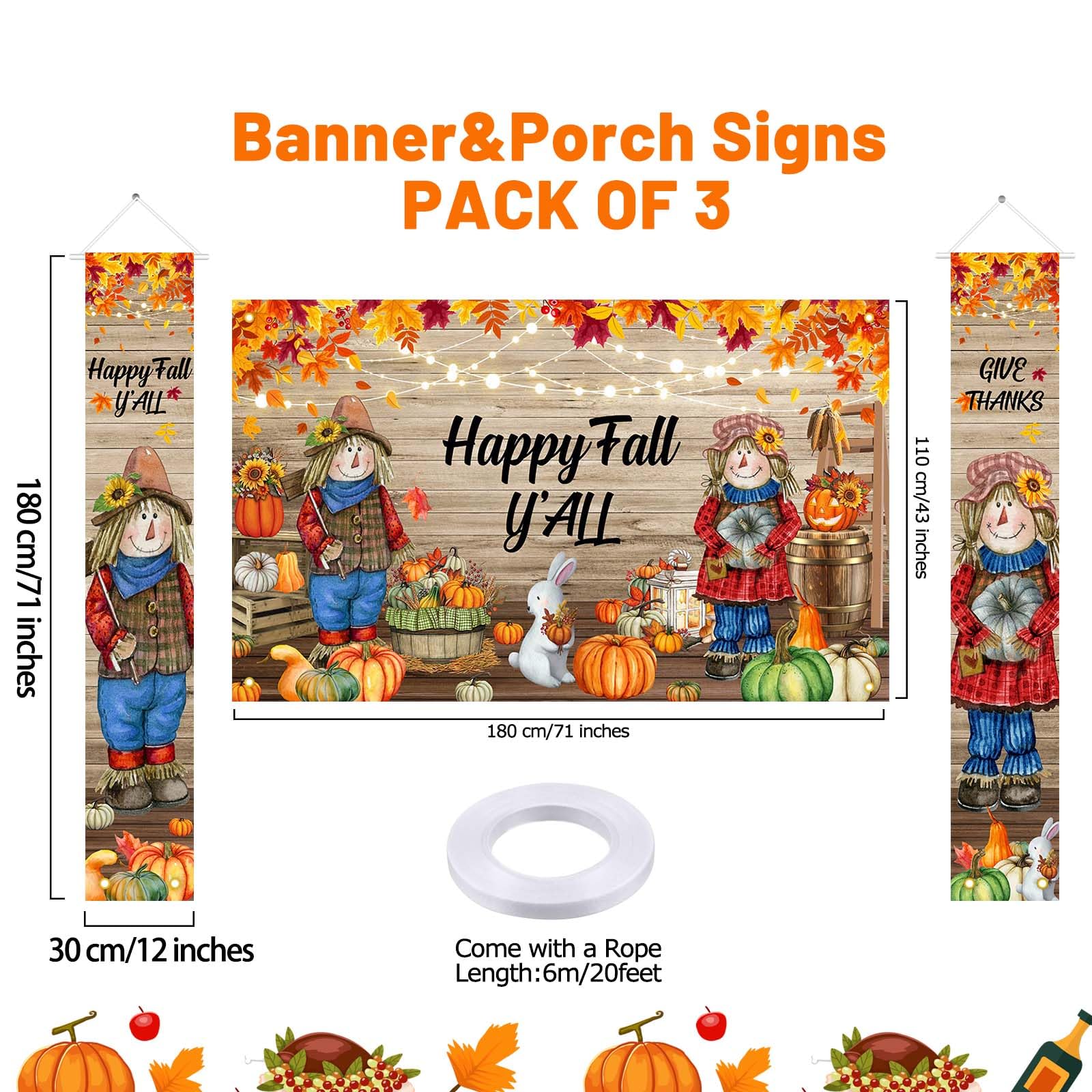 Avezano Give Thanks Banner 3Pcs Thanksgiving Happy Fall Porch Banners Fall Party Thanksgiving Decorations Indoor Outdoor