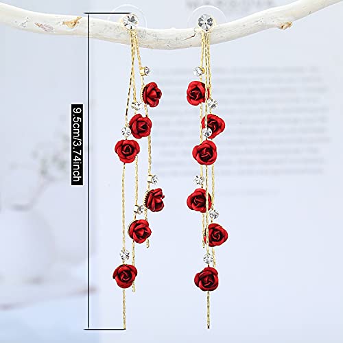 ANDPAI Unique Chic Long Tassel Chain Red Purple Rose Flower Dangle Drop Stud Earrings with White Sparkly Crystal for Women Statement Jewelry Gifts (Red)