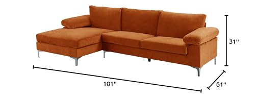 Casa Andrea Milano llc Modern Large Velvet Fabric Sectional Sofa L Shape Couch with Extra Wide Chaise Lounge, Orange