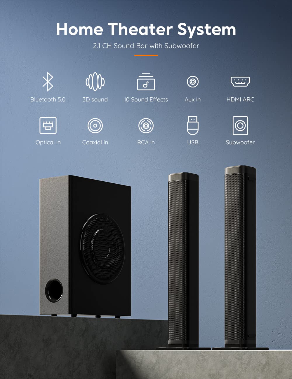 GEOYEAO Sound Bars for TV with Subwoofer, 3D / DSP/Bluetooth/HDMI-ARC Home Speakers, Bass Treble Adjustable, 2 in 1 Sound System Horizontal & Vertical Placement Surround Sound TV Speaker, 2.1 Channel