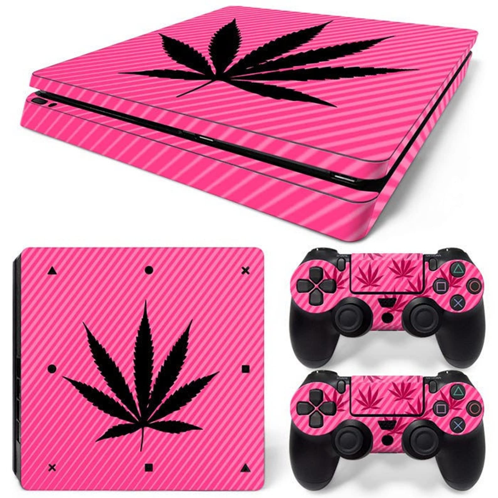 Compatible with PS4 Slim Skin for Console and Controllers by ZOOMHITSKINS, Rose Weed Pink Herb Leaf Black Leaves Carbon Pot, Durable, Made in The USA