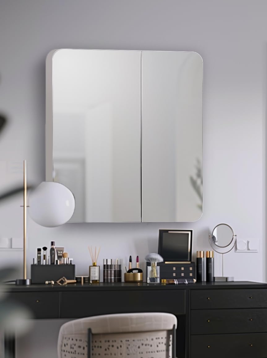 Avidanza Medicine Cabinets with Mirror for Bathroom, 24 Inch Surface Wall Mounted Bathroom Mirror with Storage, Stainless Steel Framed Beveled Mirror, with Double Door and 3 Tier, Grey