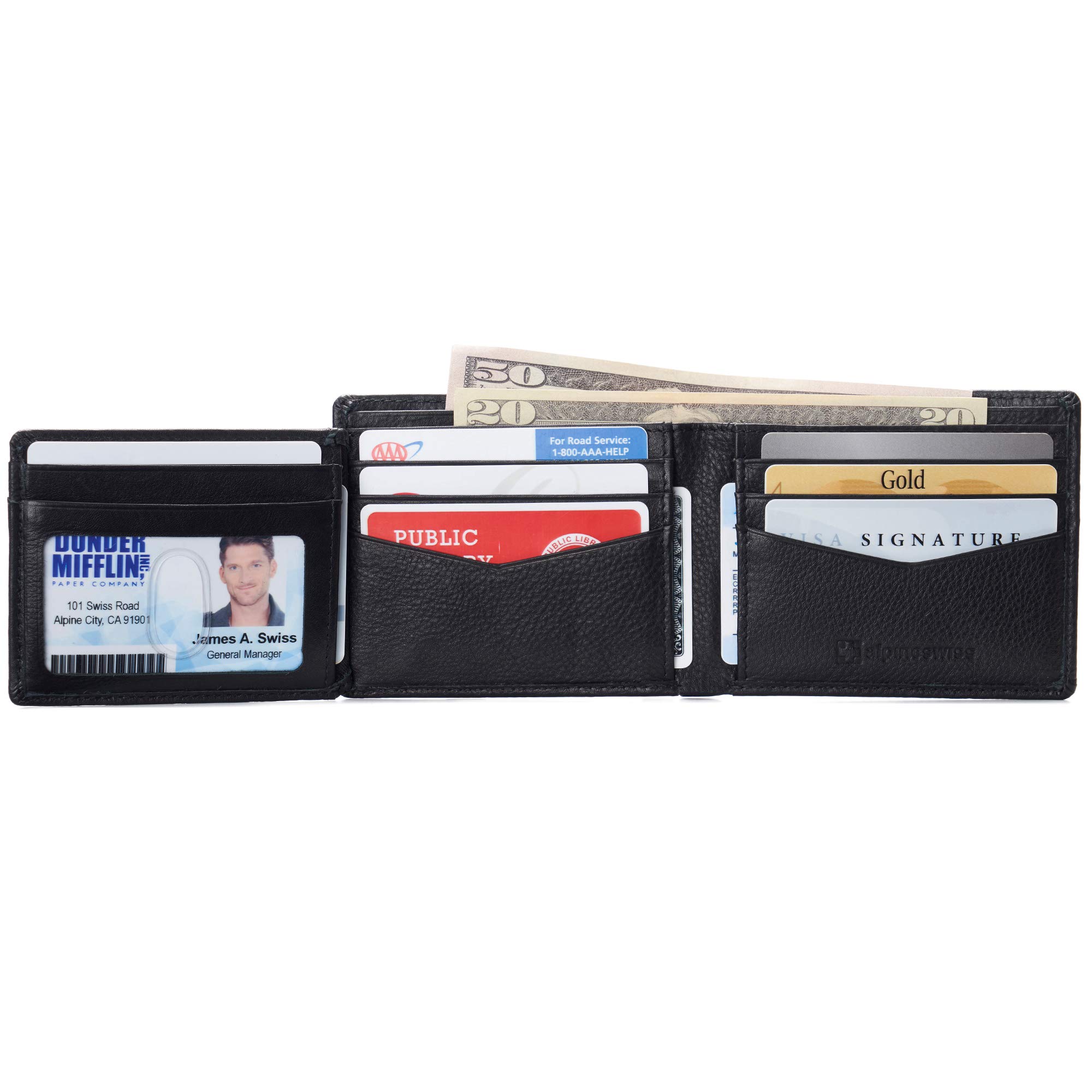 Alpine Swiss RFID Protected Mens Spencer Leather Wallet Bifold 2 ID Windows Divided Bill Section Comes in Gift Box Blue