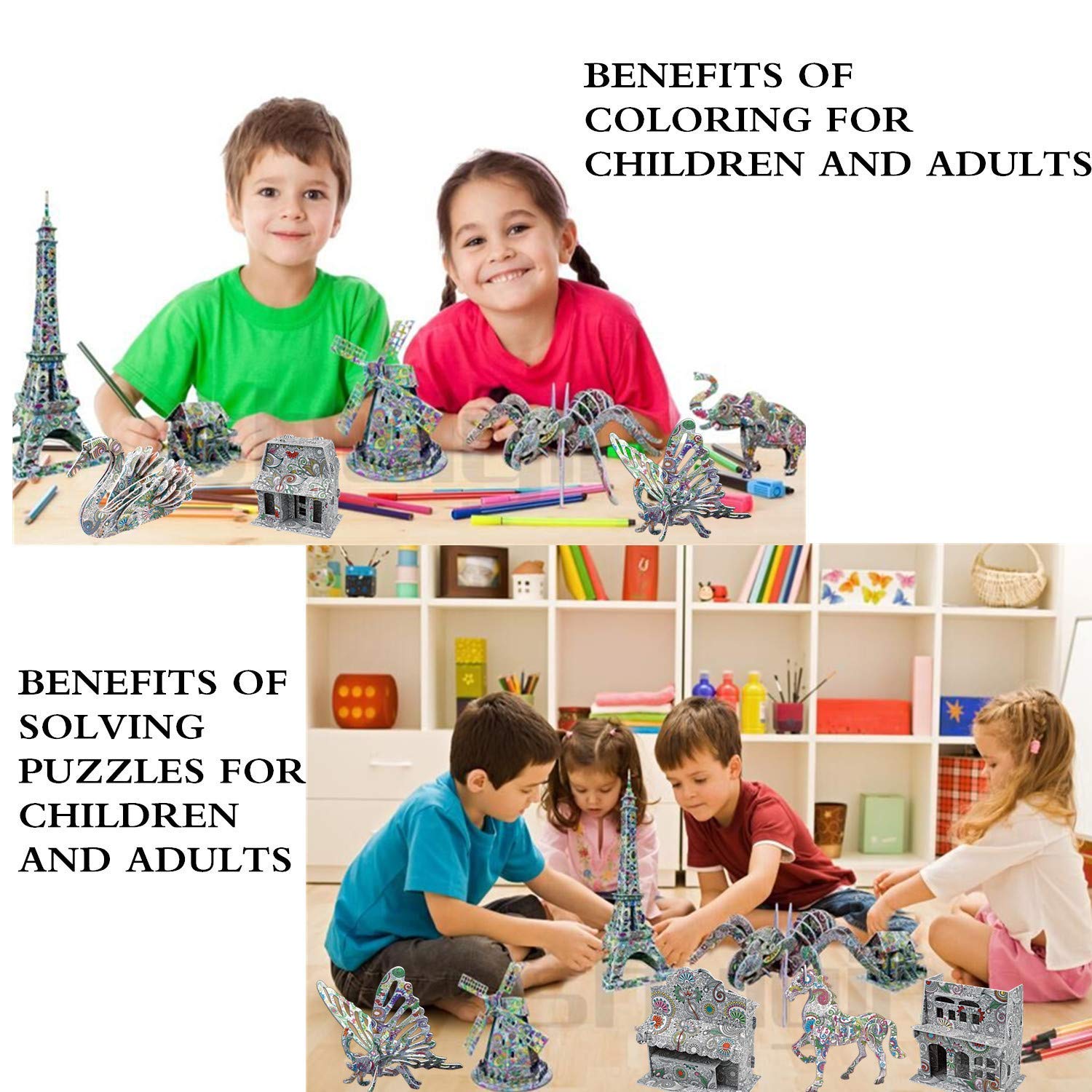 DDMY 6 Pack 3D Coloring Puzzle Set, Art Coloring Painting Puzzle for Kids Age 7 8 9 10 11 12, Fun Creative DIY Toys for Girls Boys