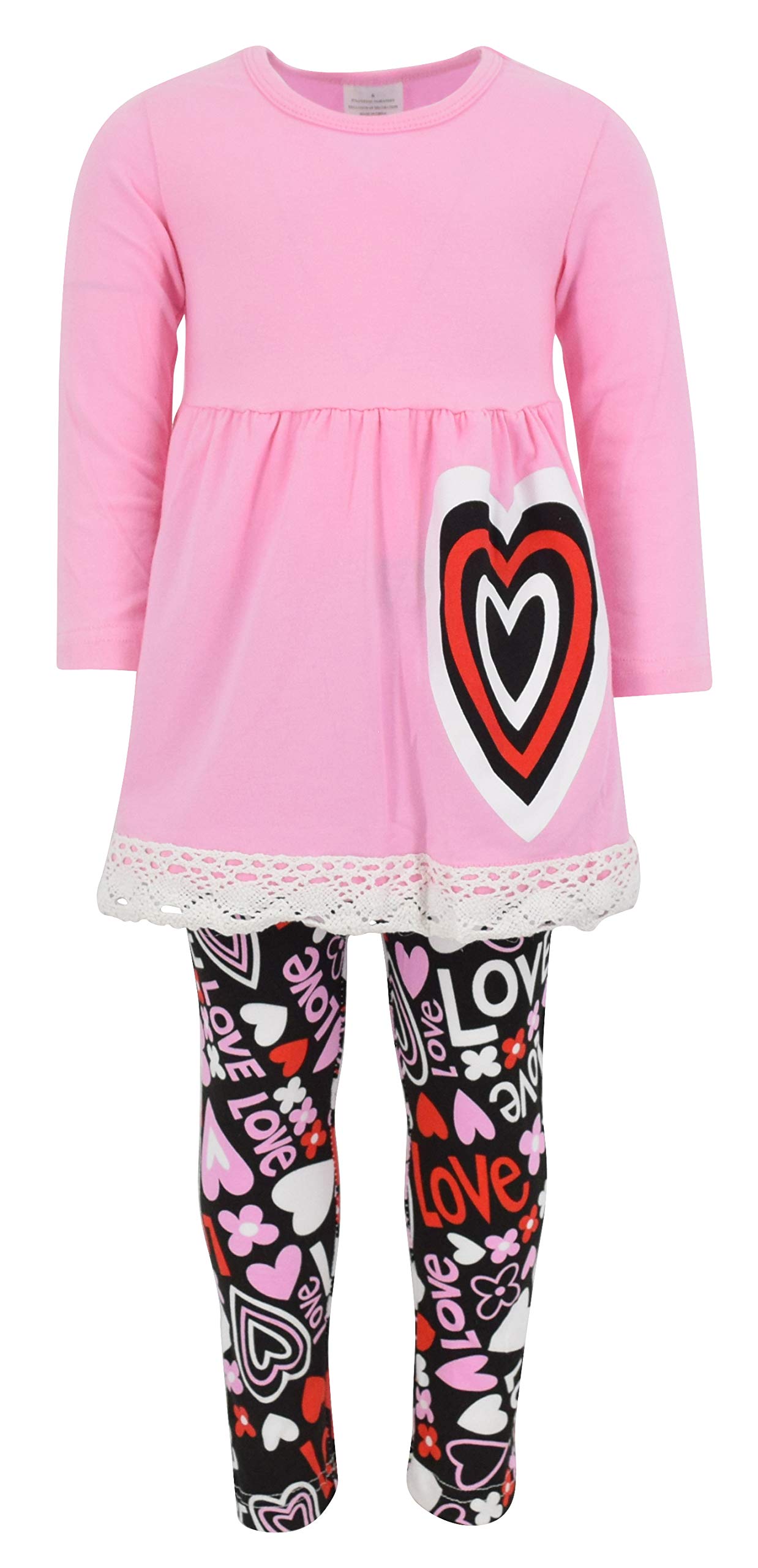 Unique Baby Girls Valentines Day Outfit Layered Heart Toddler Lace Trim Legging Set (7 Years, Pink)