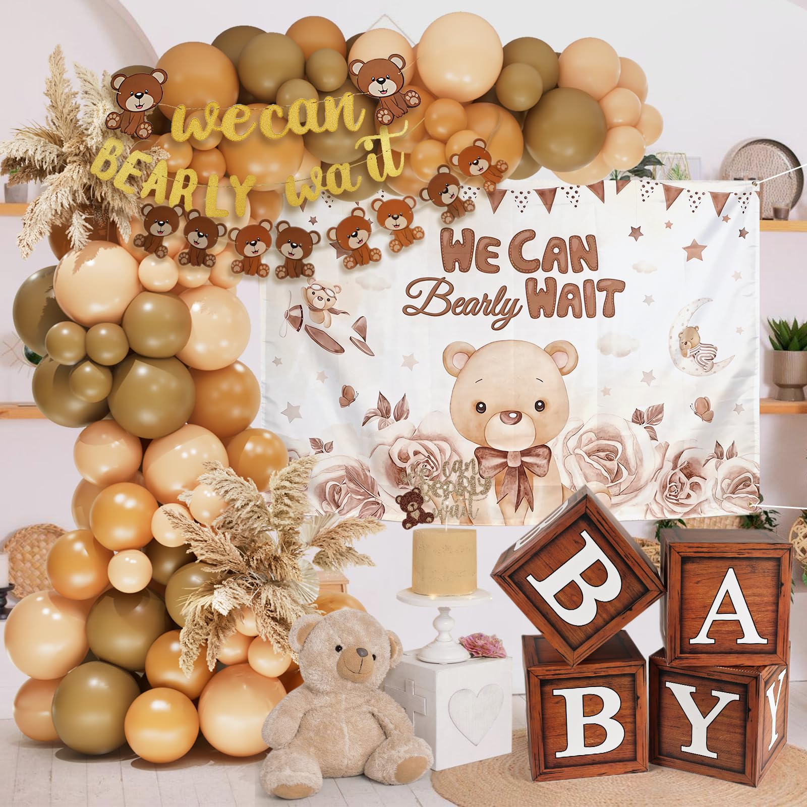 Bearly Wait Baby Shower Decorations, Brown Balloon Garland Arch Kit, Balloon Boxes With Letters, Bearly Wait Banner Backdrop for Boho Gender Reveal Bear Theme Birthday Baby Shower Party Decorations