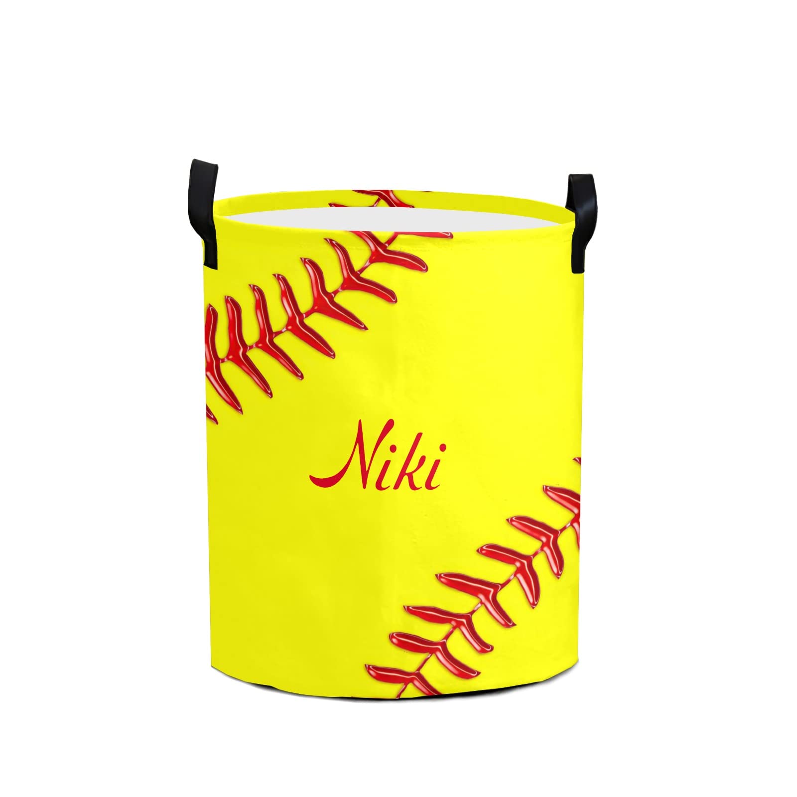 BigBigift Softball Laundry Hamper Personalized with Name Canvas Waterproof Storage Bin with Handle for Kids Nursery Hamper Gift Baskets Home Organizer, 19.6x14 inch (HxD)