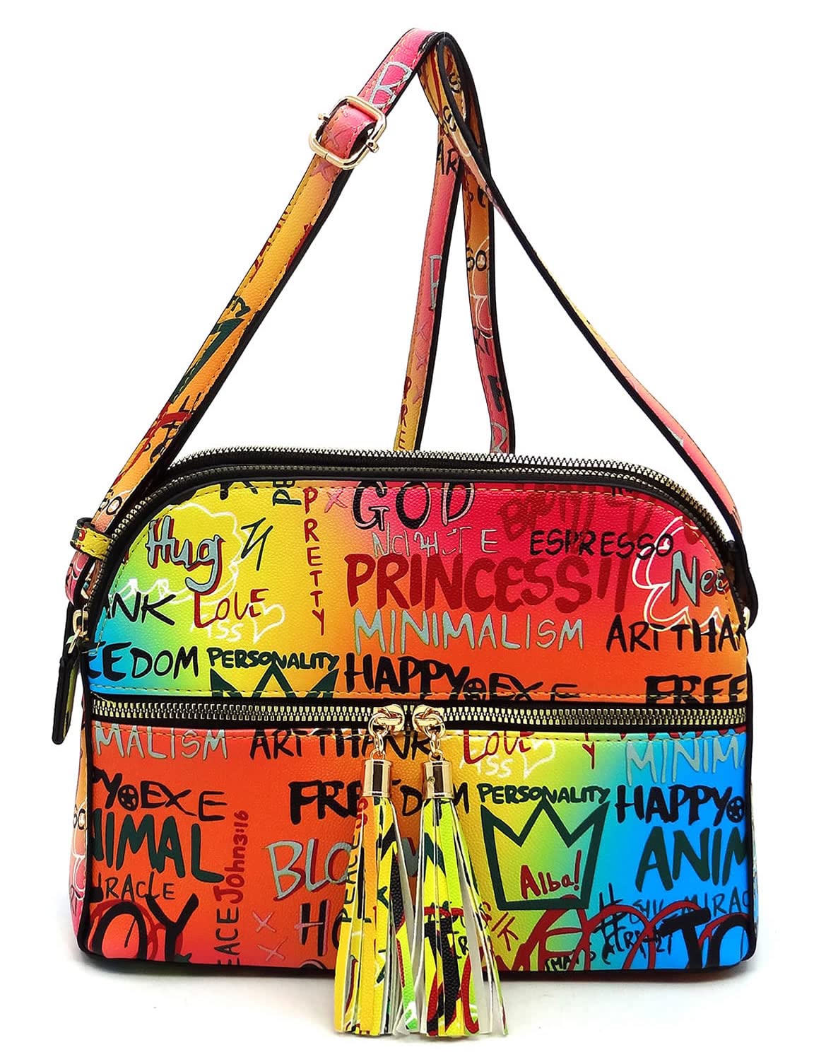 MIZUBA Multi Graffiti Tassel Zipper Crossbody Bag graffiti bags for spray cans graffiti art bag graffiti bags and purses (Blue/fuchsia)