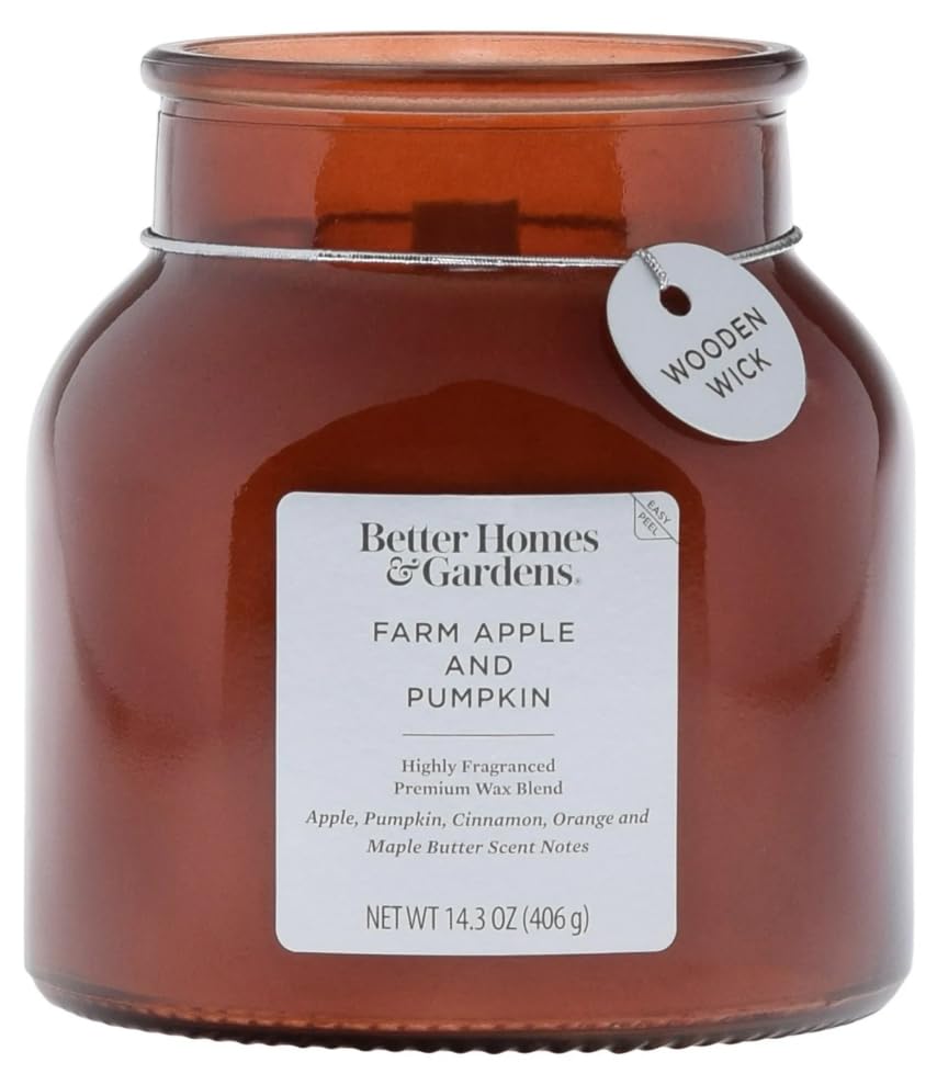 Better Homes & Gardens FarmApple Pumpkin Scented Wooden Wick 14.3oz Glass Jar Candle