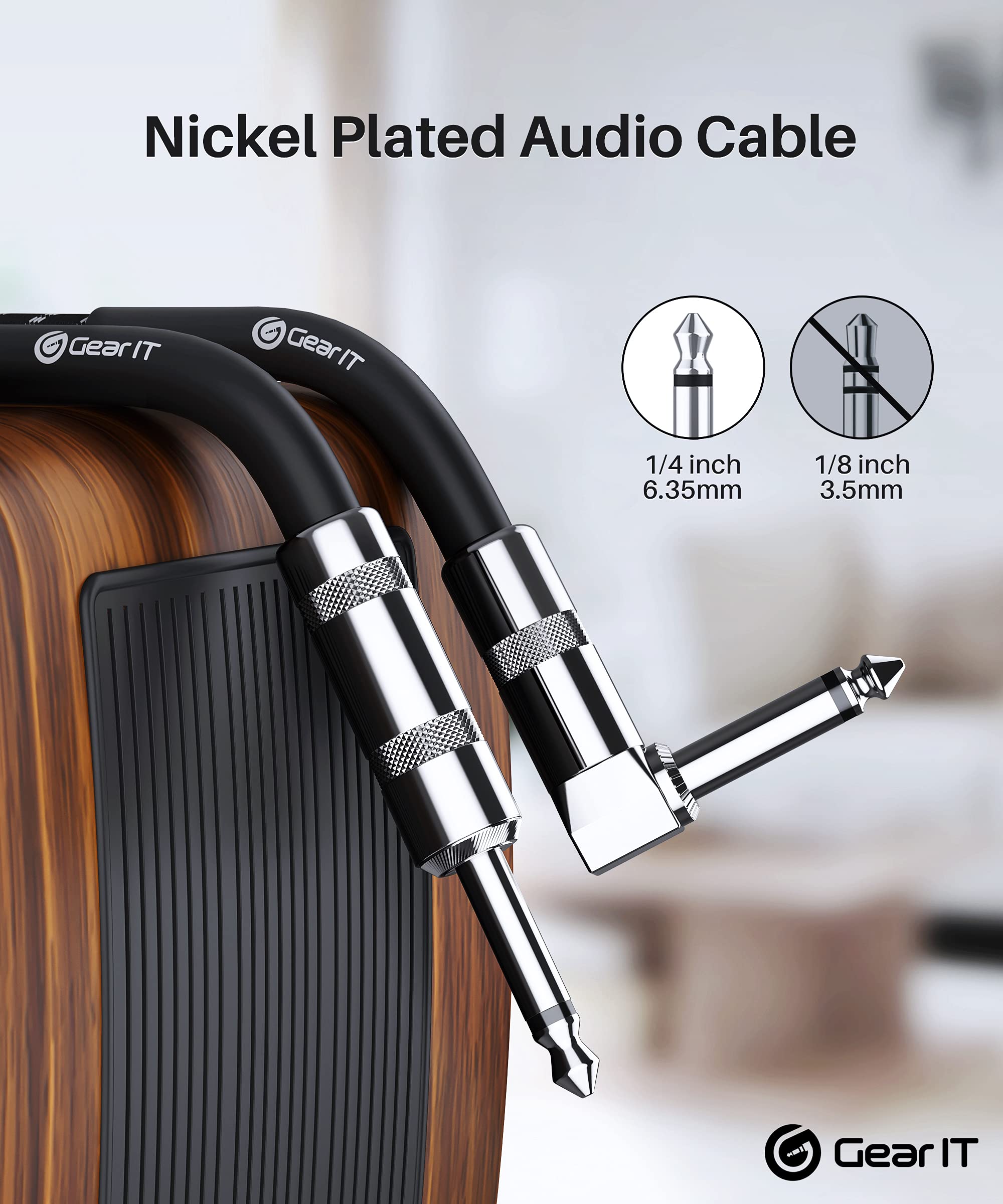 GearIT Audio Instrument Cable (20ft) Right Angle to Straight 1/4 Inch Male to Male for AMP Cord, Base and Electric Guitar - Black/White