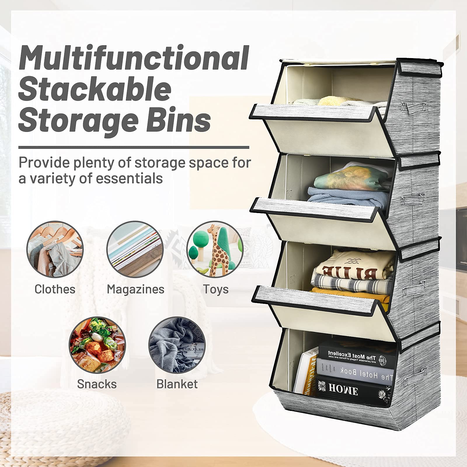 Giantex Storage Bins Set of 4 Stackable Cubes Fabric Baskets w/Lid, Handles, Magnetic Linen Container Boxes for Toys, Clothes, Files Foldable Closet Organize Bags 15”x14”x10” (Coffee+Gray)
