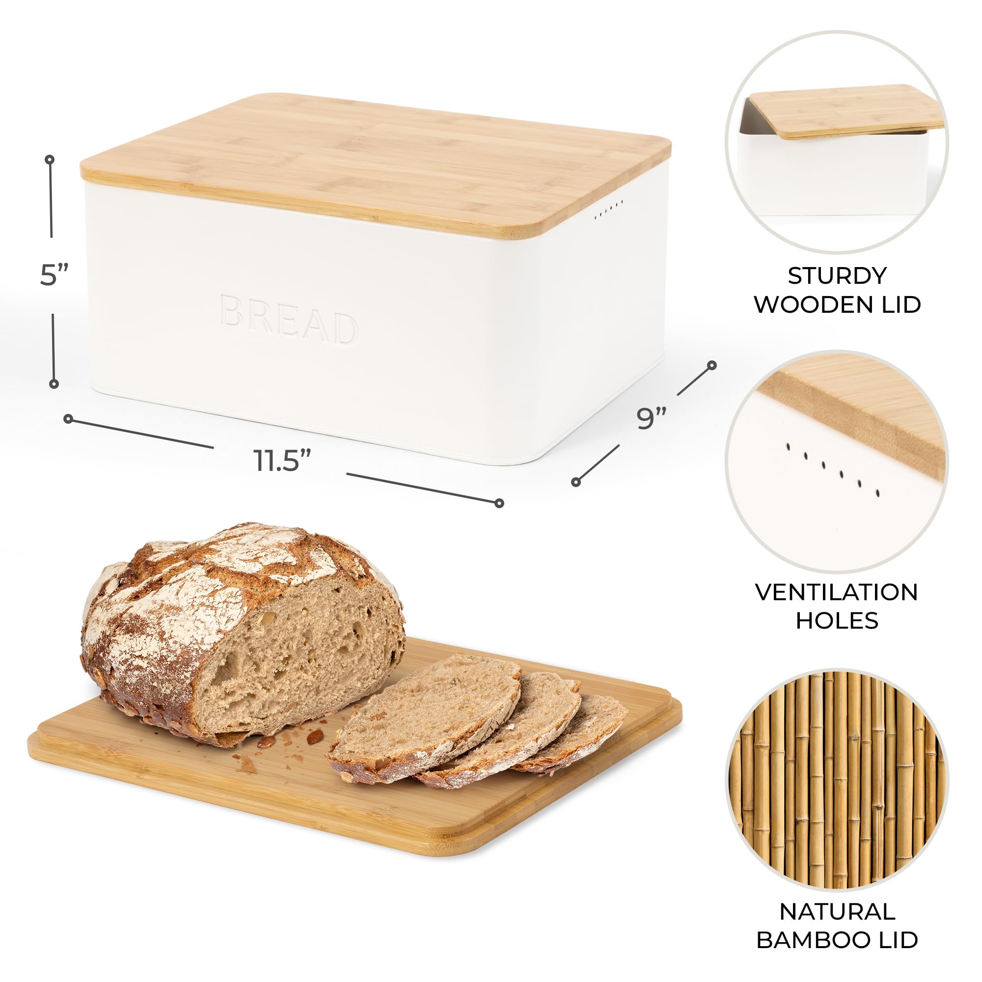 Beautiful Bread Box With Wooden Lid For Your Kitchen Countertop - Spacious Container Perfectly Stores Your Homemade Bread, English Muffins & Bagels - Quality Cutting Board Lid Keeps Your Bread Fresh