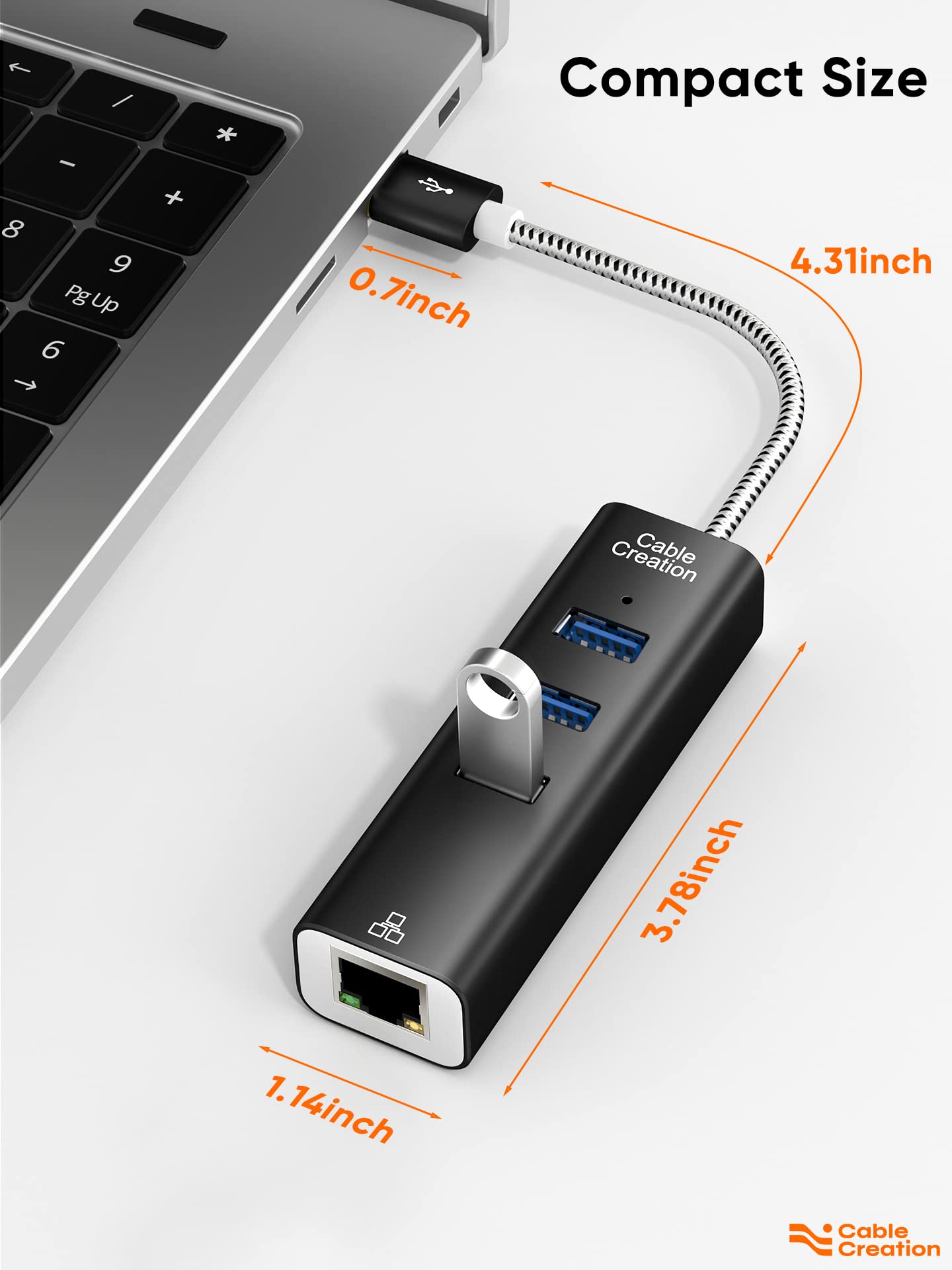 USB to Ethernet Adapter, CableCreation 3-Port USB 3.0 Hub, USB 3.0 Ethernet Adapter RJ45 10/100/1000 Mbps Gigabit Compatible with Windows PC, Laptop, MacBook Pro, USB Flash Drives etc, Aluminum Black