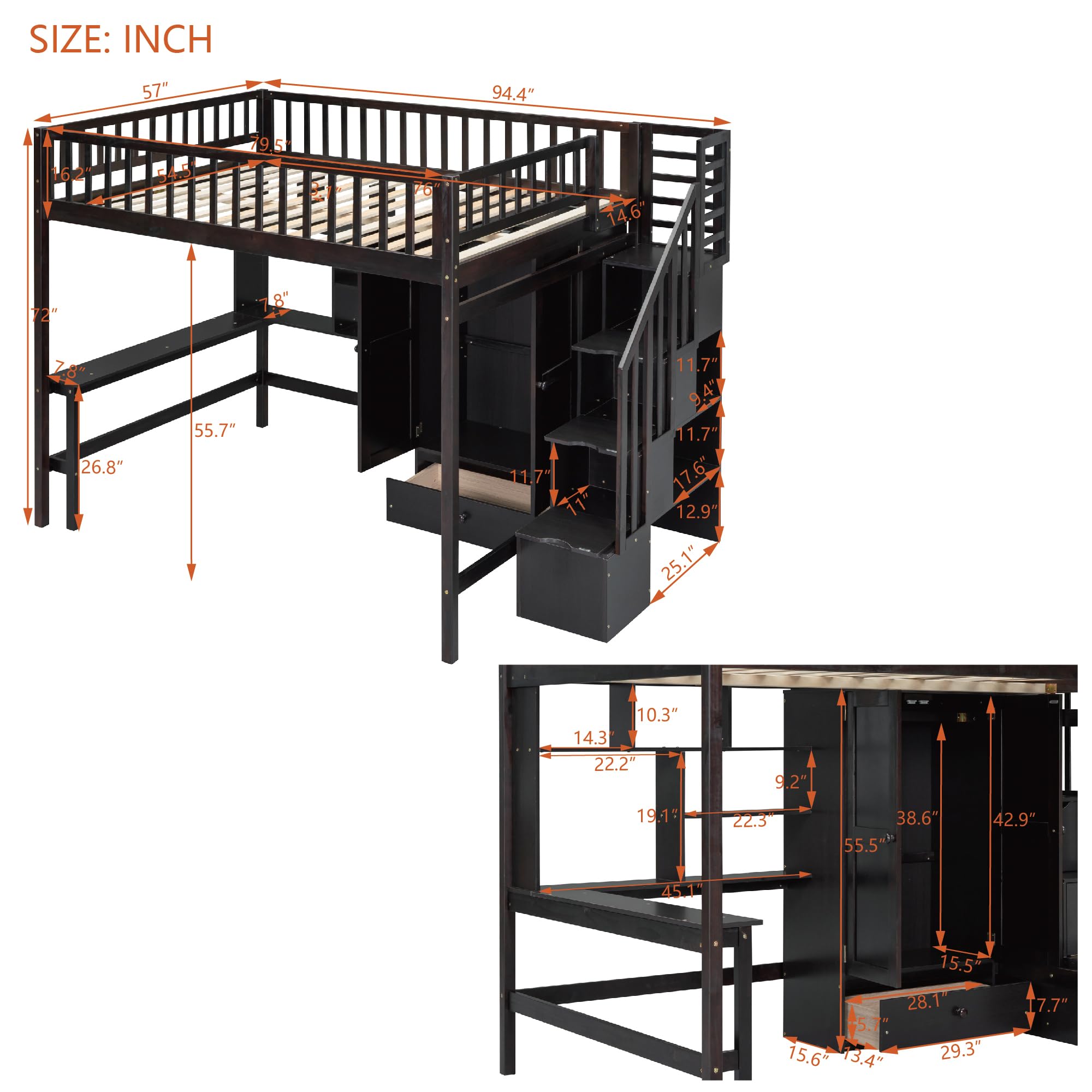 Full Size Loft Bed with Desk, Wardrobe, High Loft Bed Frame with Storage Staircases, Drawer Solid Wood Loft Beds for Kids, Boys and Girls,Teens, No Box Spring Needed (Espresso)