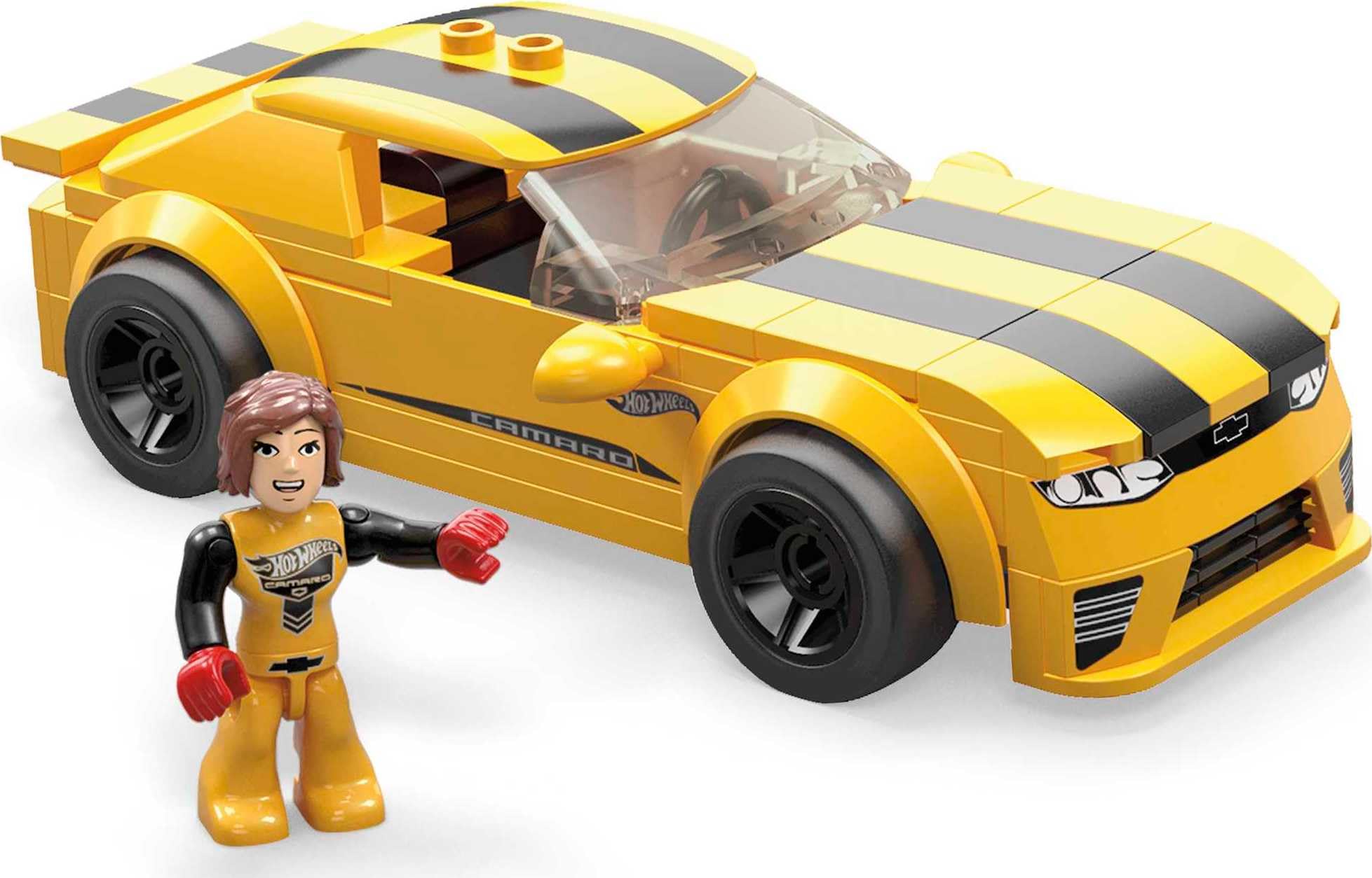 MEGA Hot Wheels Building Toy Race Car Playset, 17 Camaro with 89 Pieces, 1 Micro Action Figure Driver, Yellow, Kids Age 5+ Years